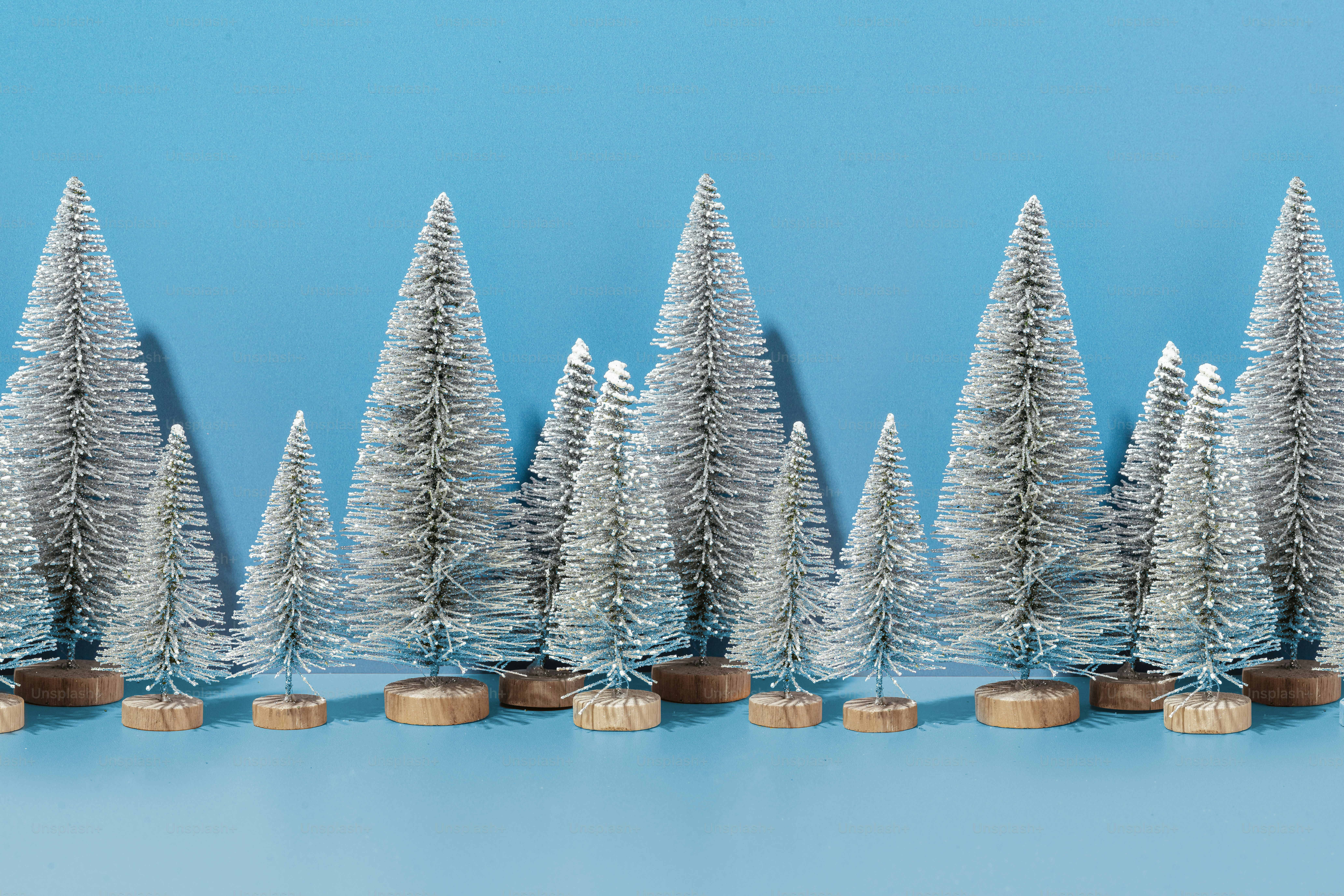 A row of silver christmas trees on a blue background photo – Christmas ...