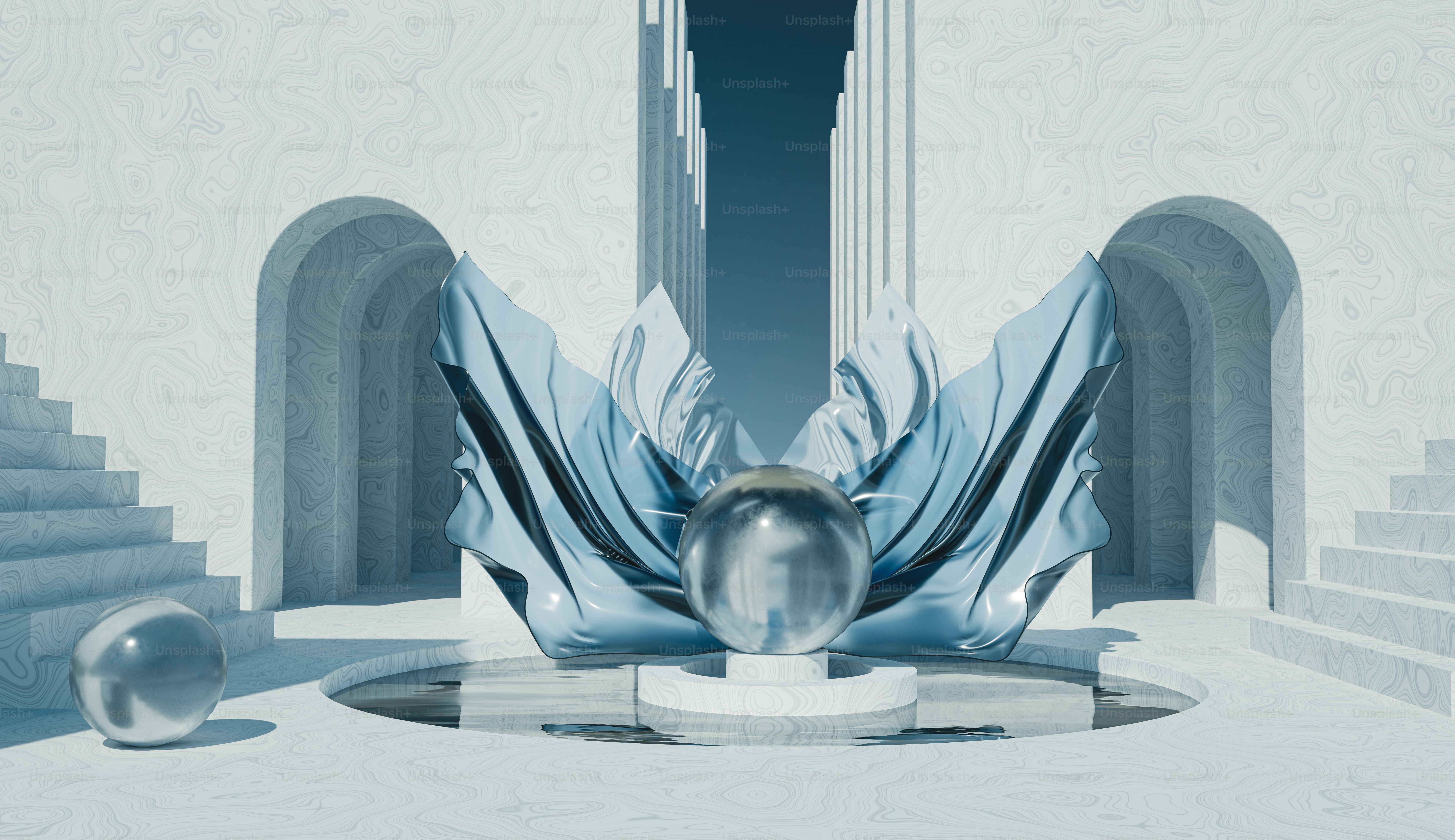 A large metal ball sitting on top of a white floor photo – Metaverse ...