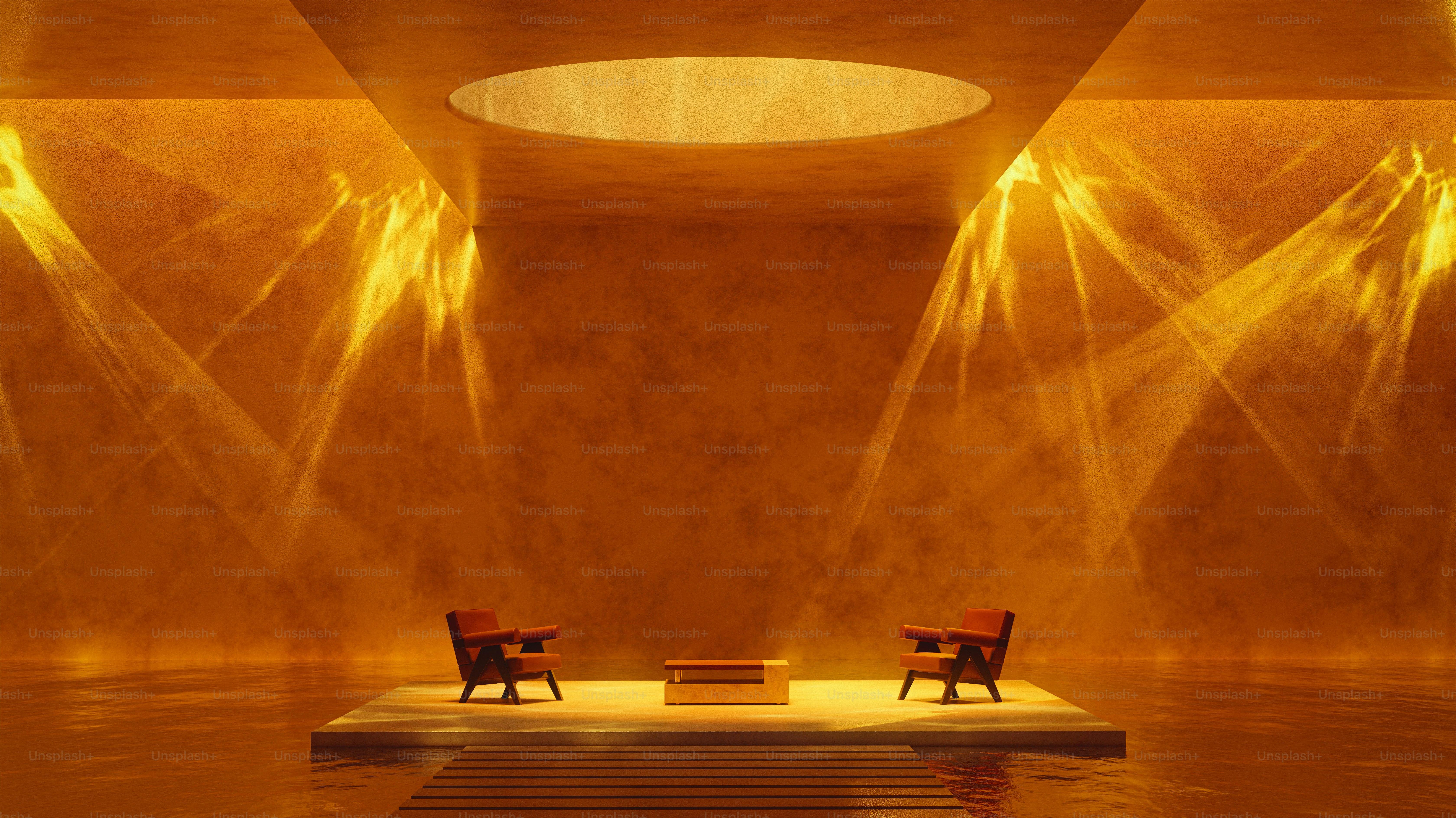 Two chairs sitting on top of a platform in a room photo – Light ...