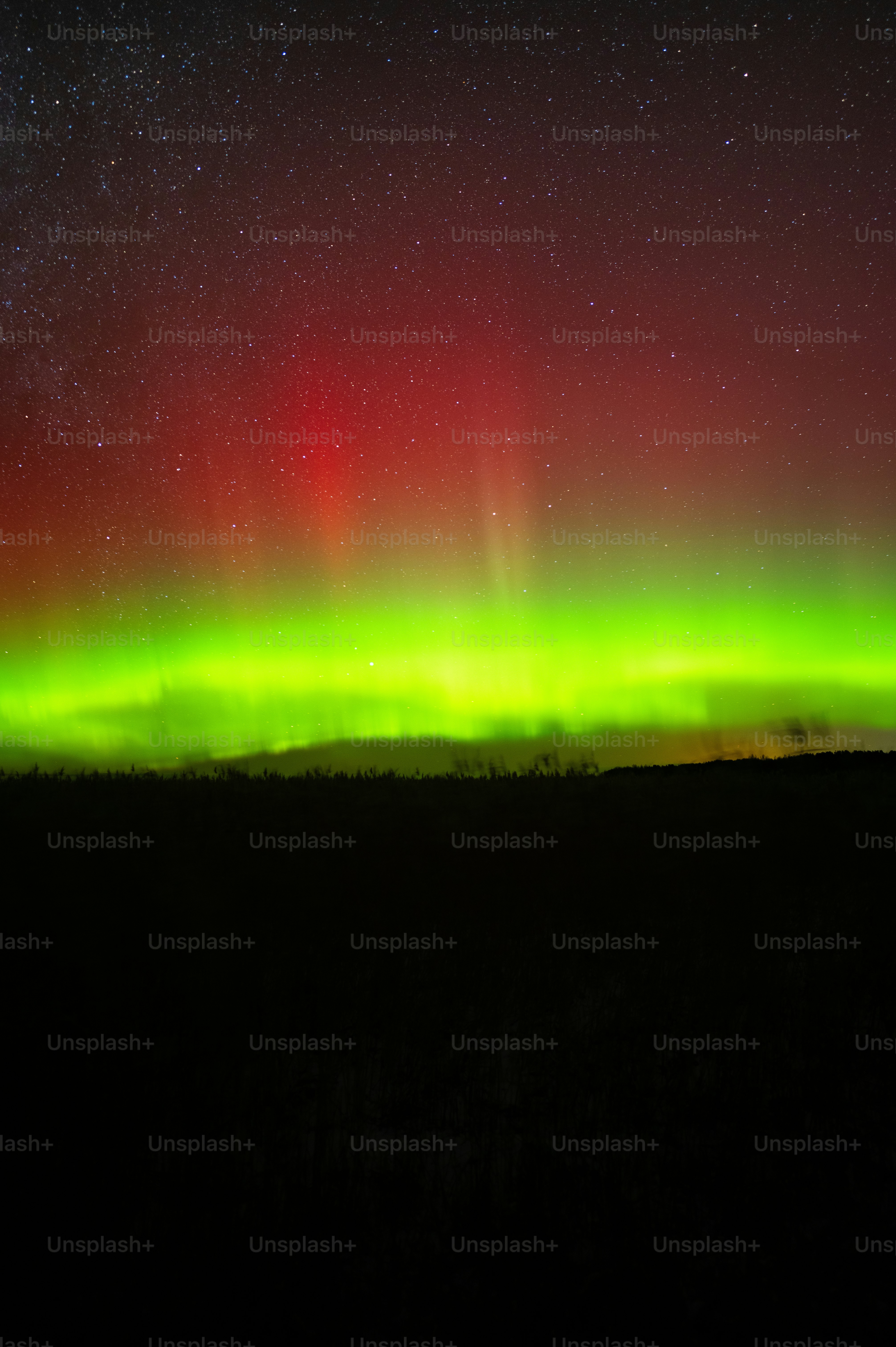 A bright green and red aurora over a field photo – Aurora borealis ...