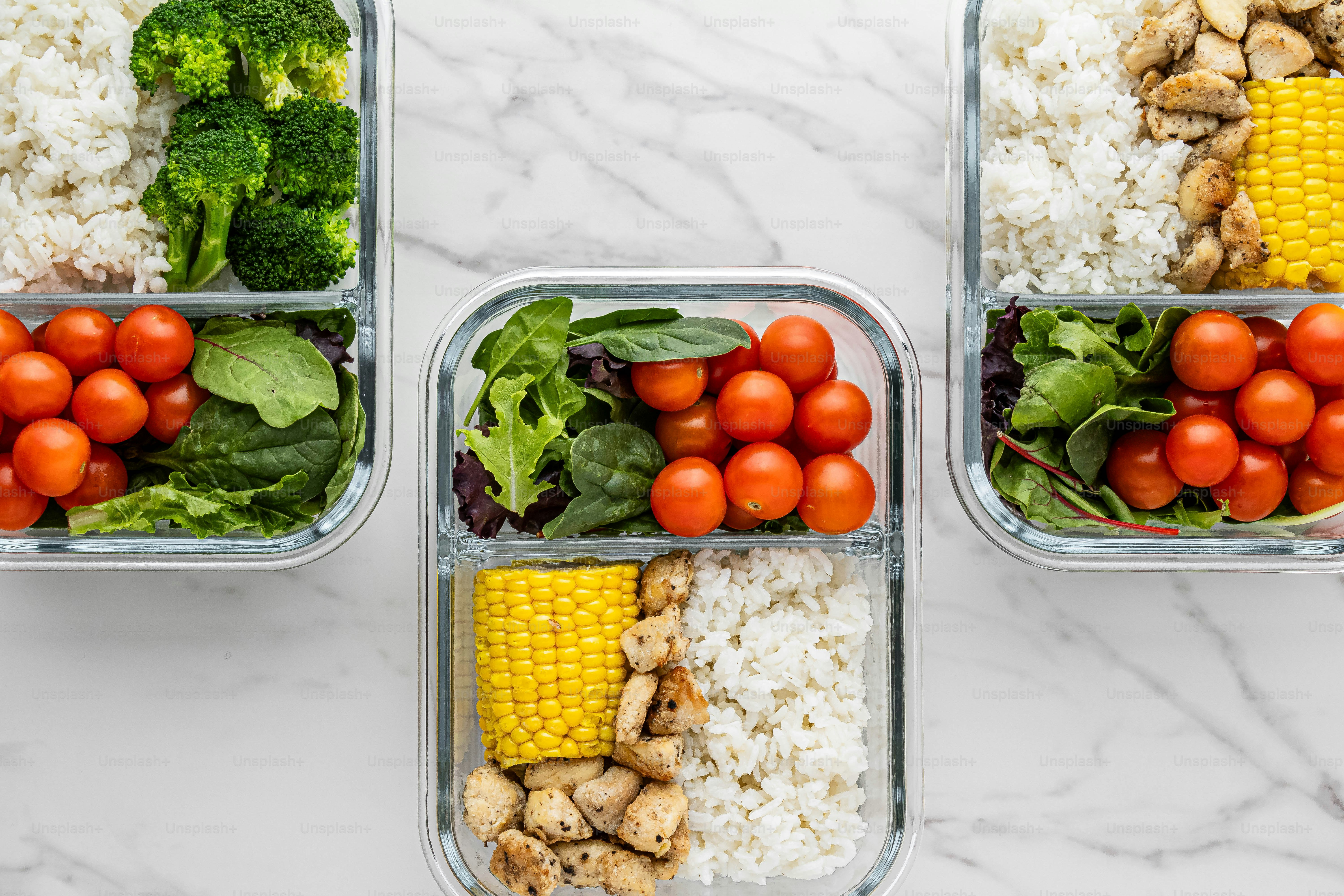 Four containers filled with different types of food photo – Meal prep ...