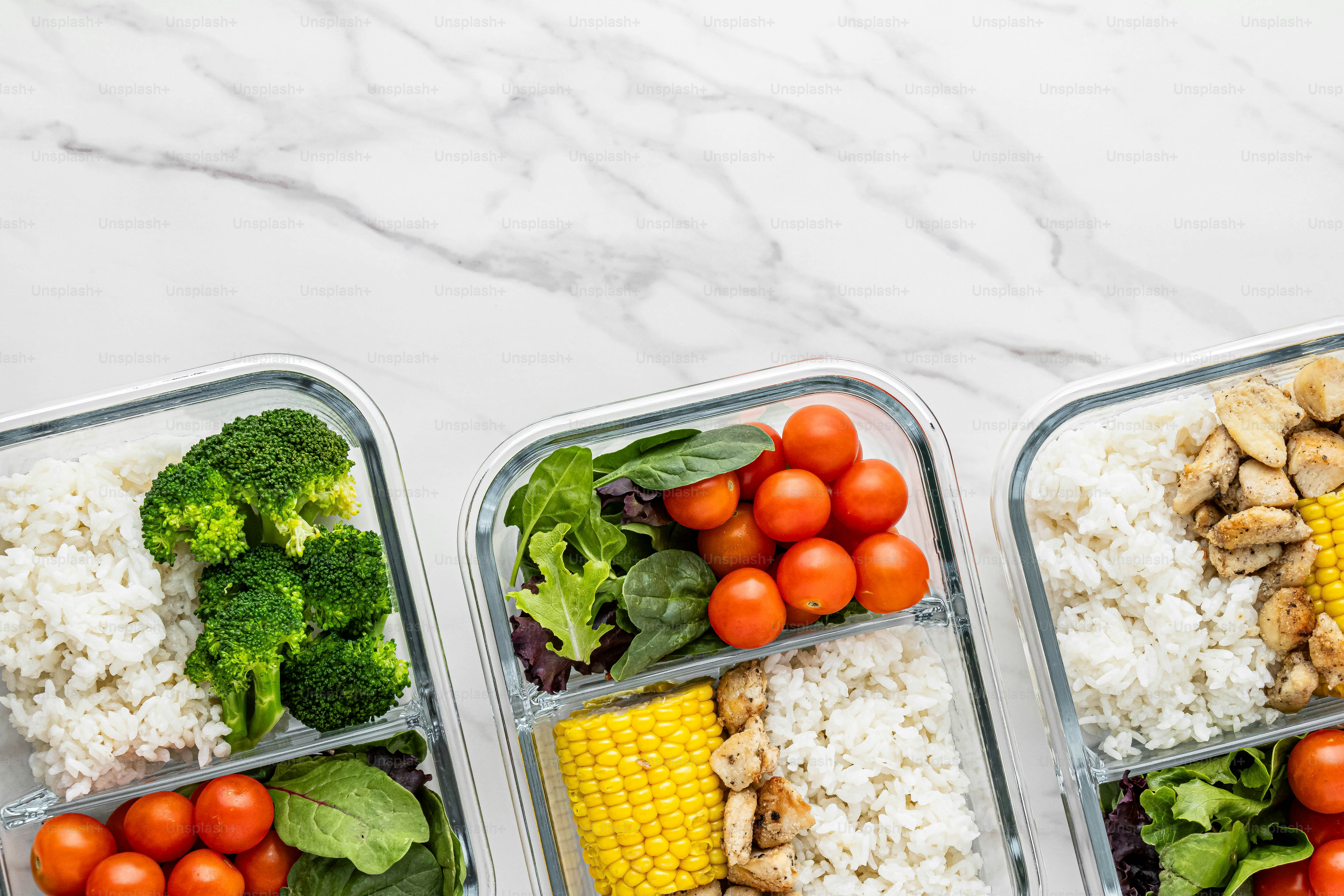 Four containers filled with different types of food photo – Meal prep ...