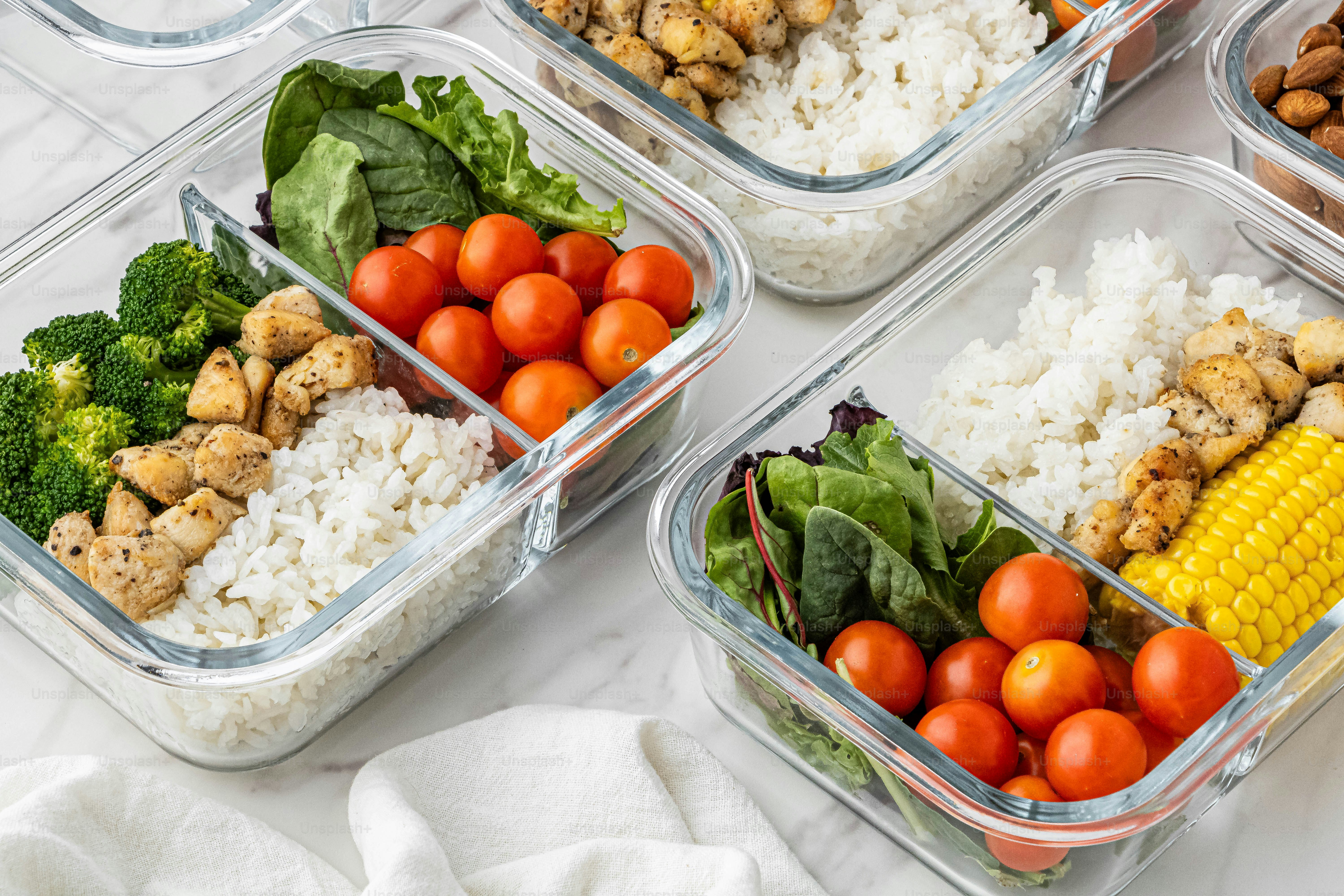 Four containers filled with different types of food photo – Meal prep ...