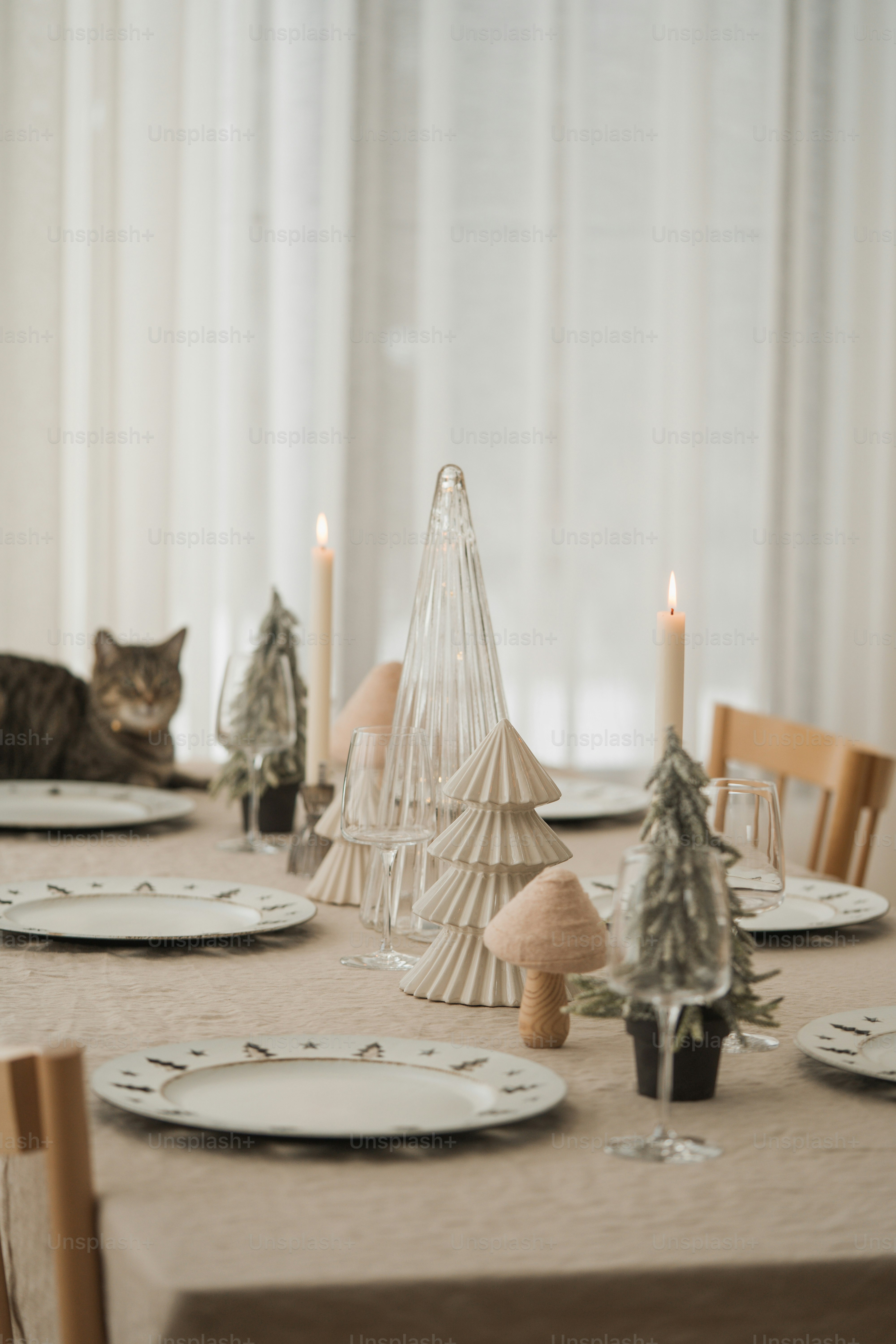 Une table dressée pour Noël avec un chat assis sur la table photo ...