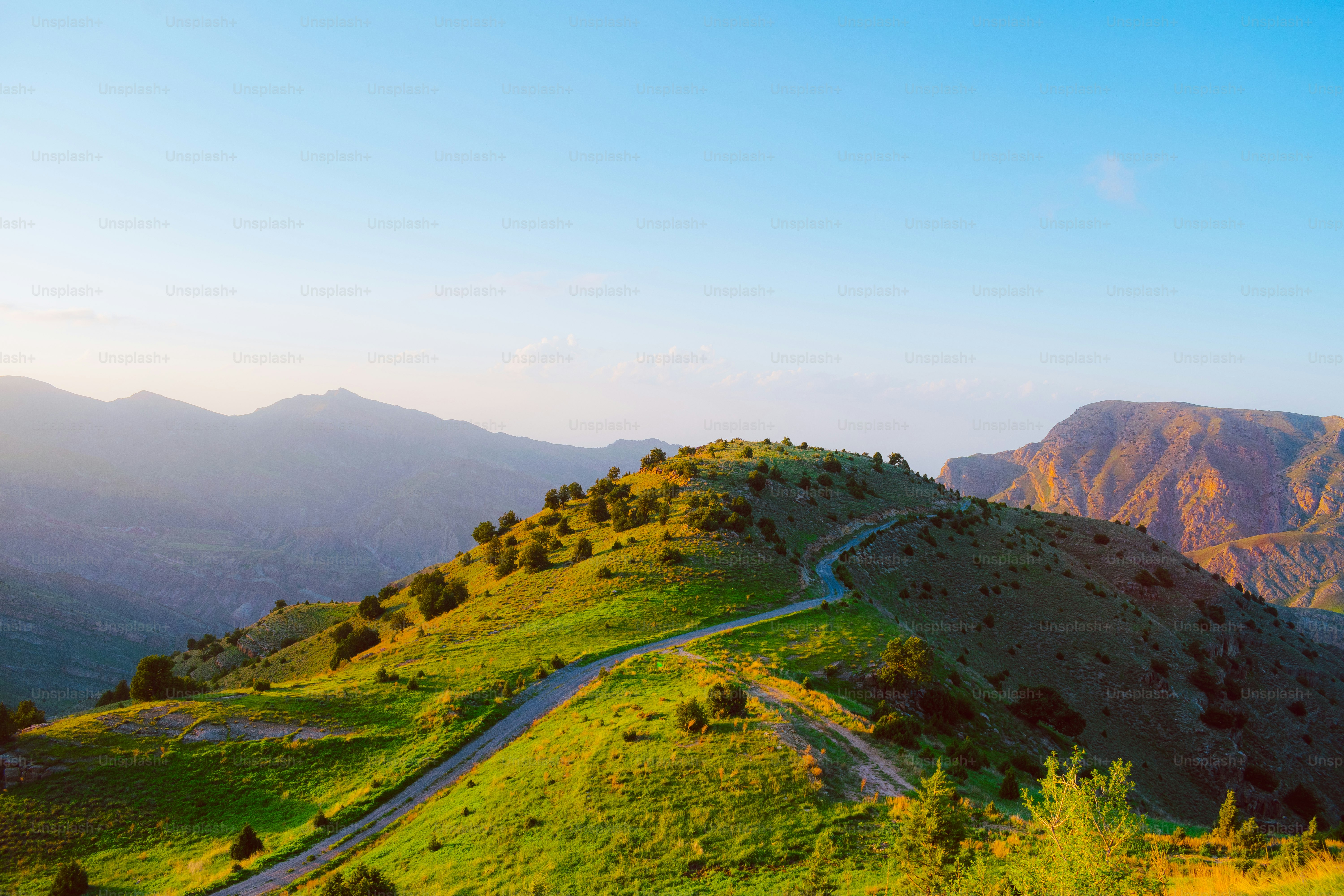 Una colina cubierta de hierba con un camino de tierra que la sube foto ...