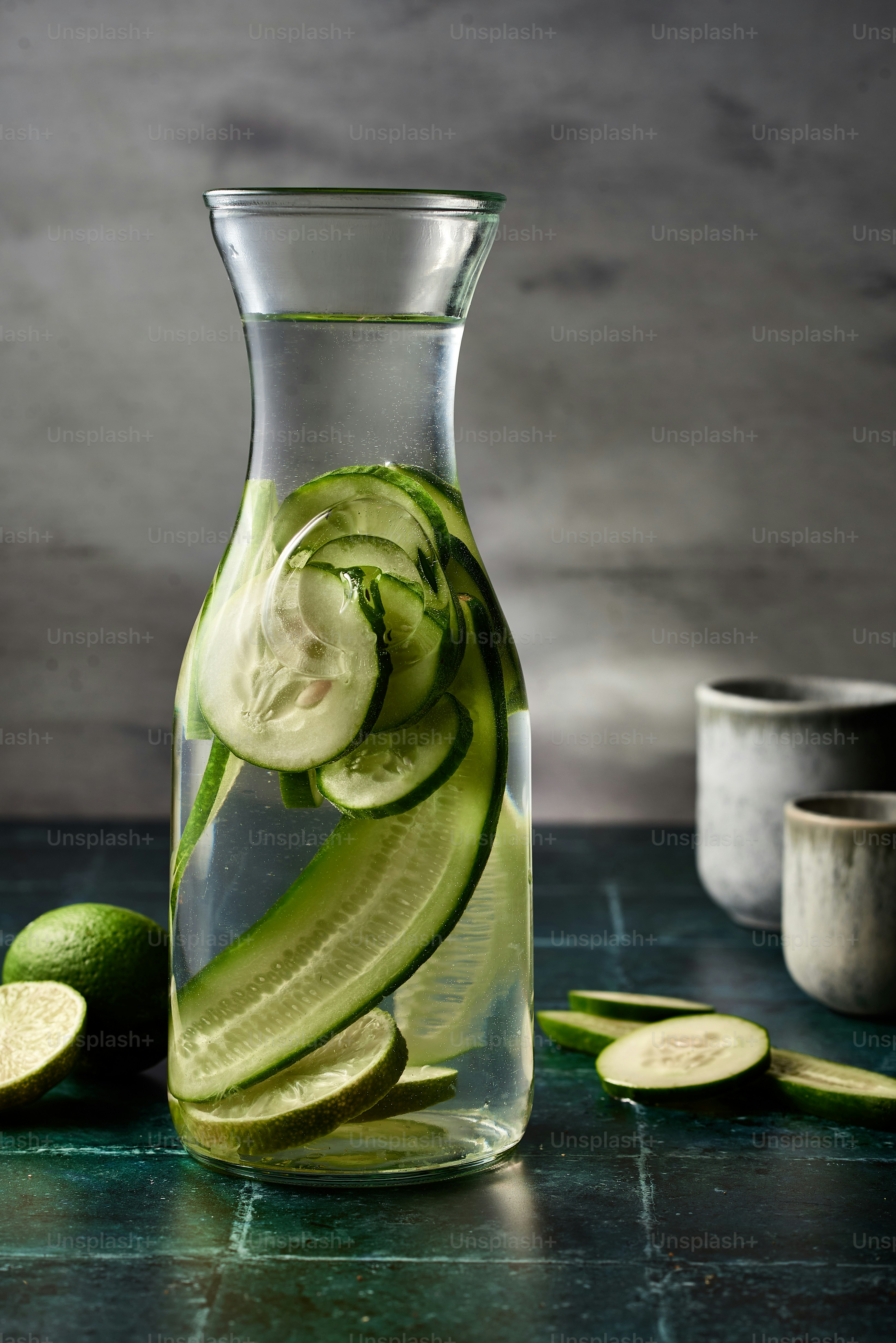 A glass vase filled with cucumbers and slices of cucumber photo ...