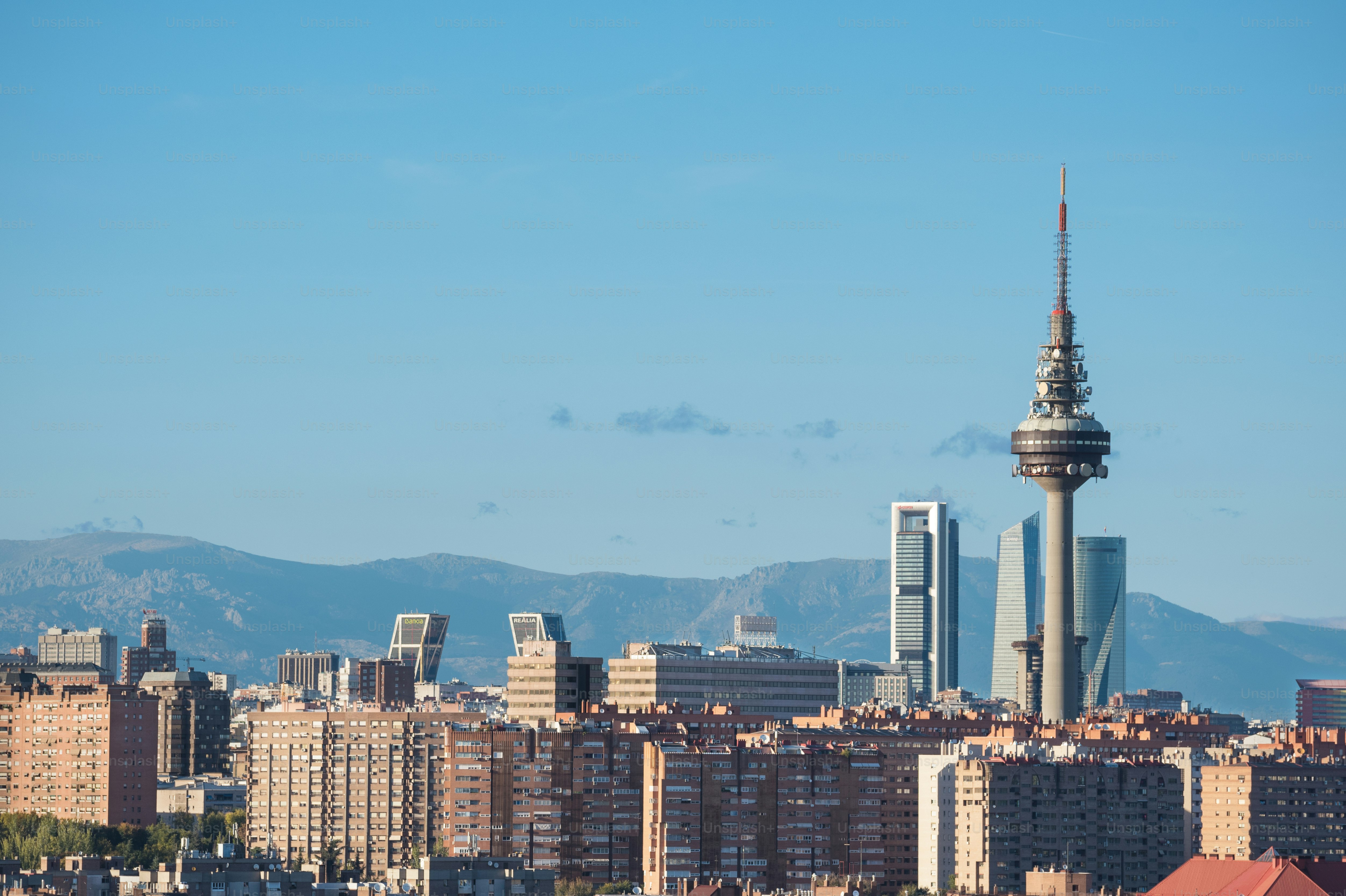 Madrid cityscape with some emblematic buildings: skyscrapers, piruli ...