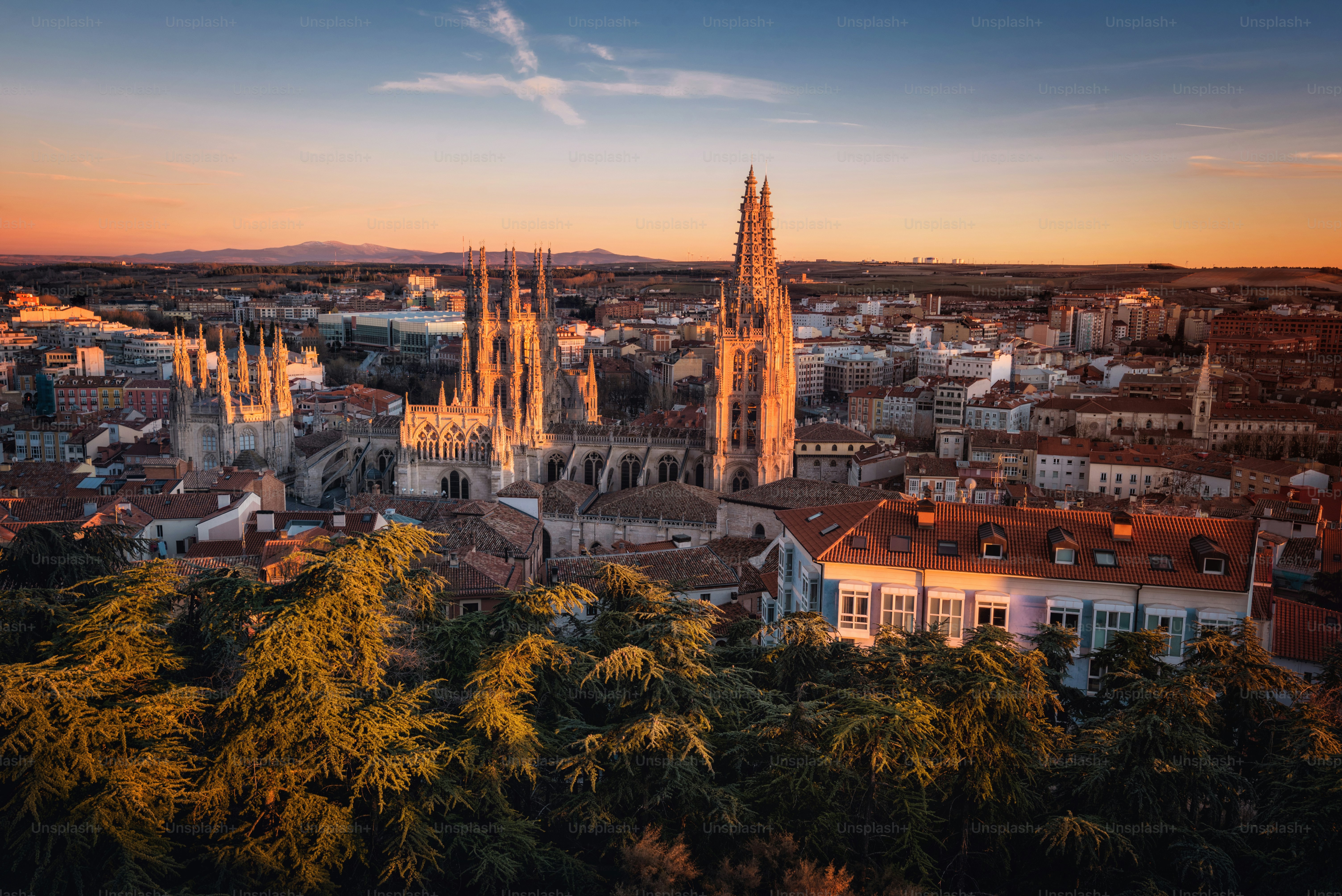 Burgos Cathedral and city panorama at sunset. Burgos, Castile and Leon ...