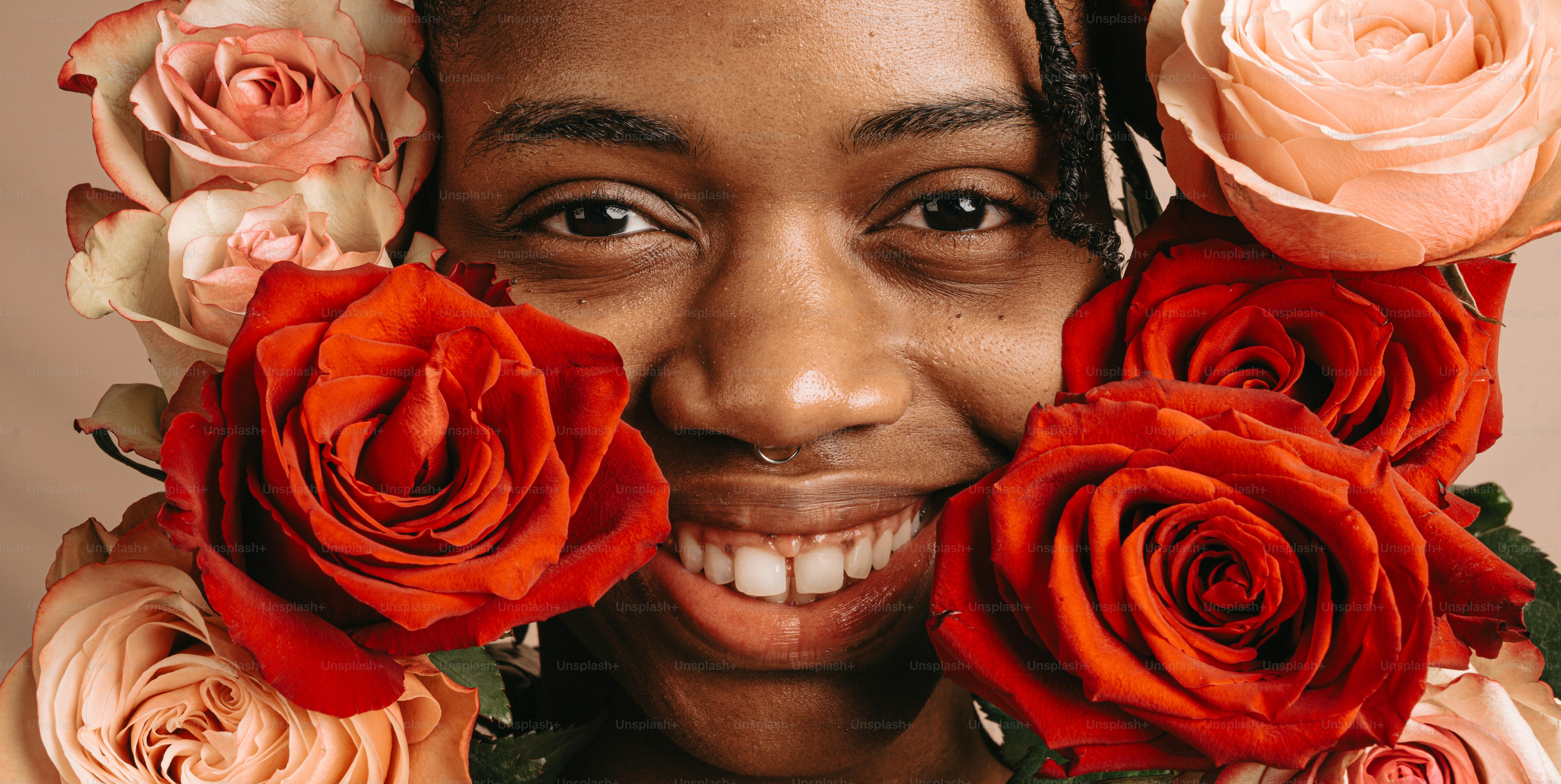 A woman with flowers around her face photo – Valentine flowers Image on ...