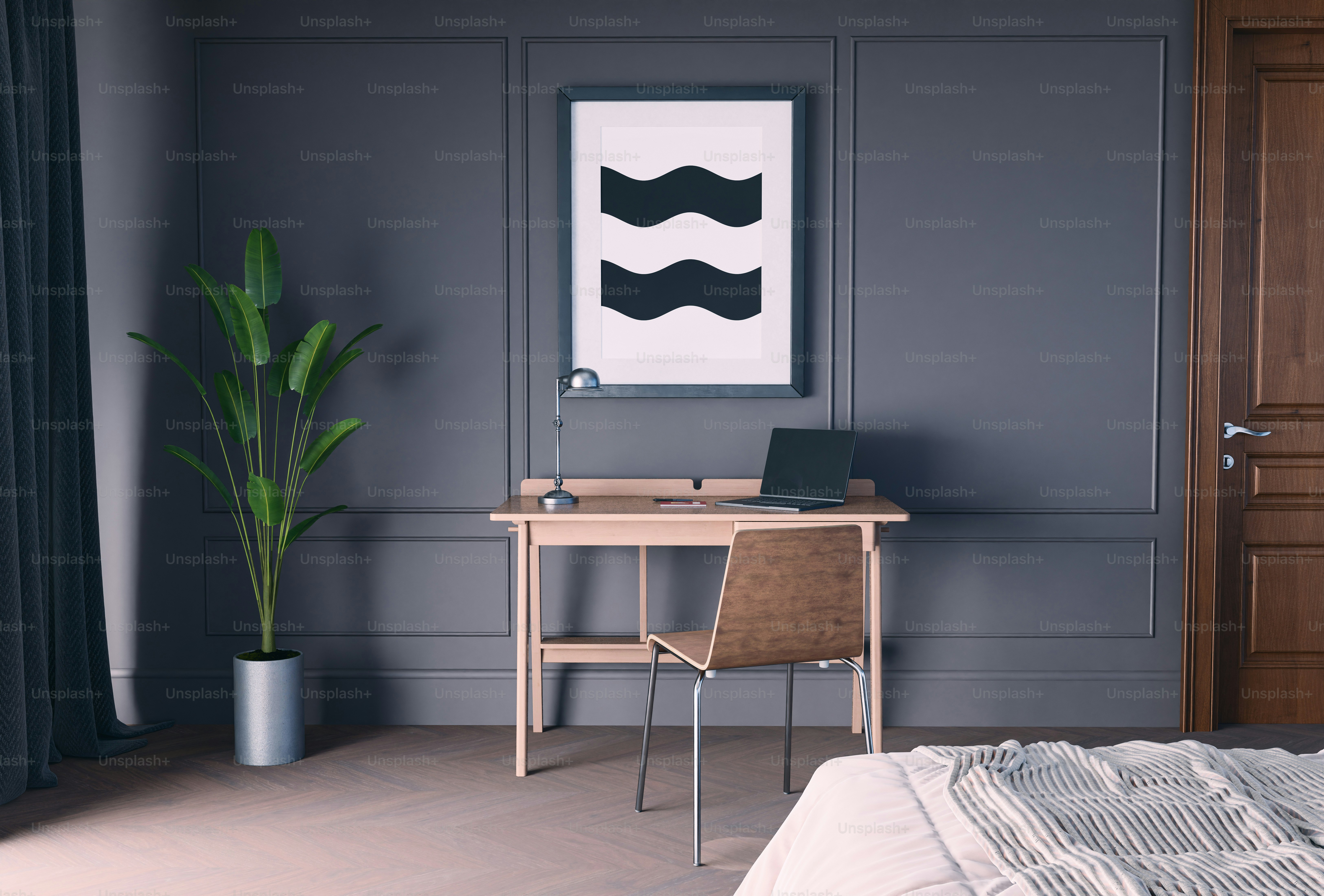 A desk with a laptop on it in a room photo – Abstract Image on Unsplash