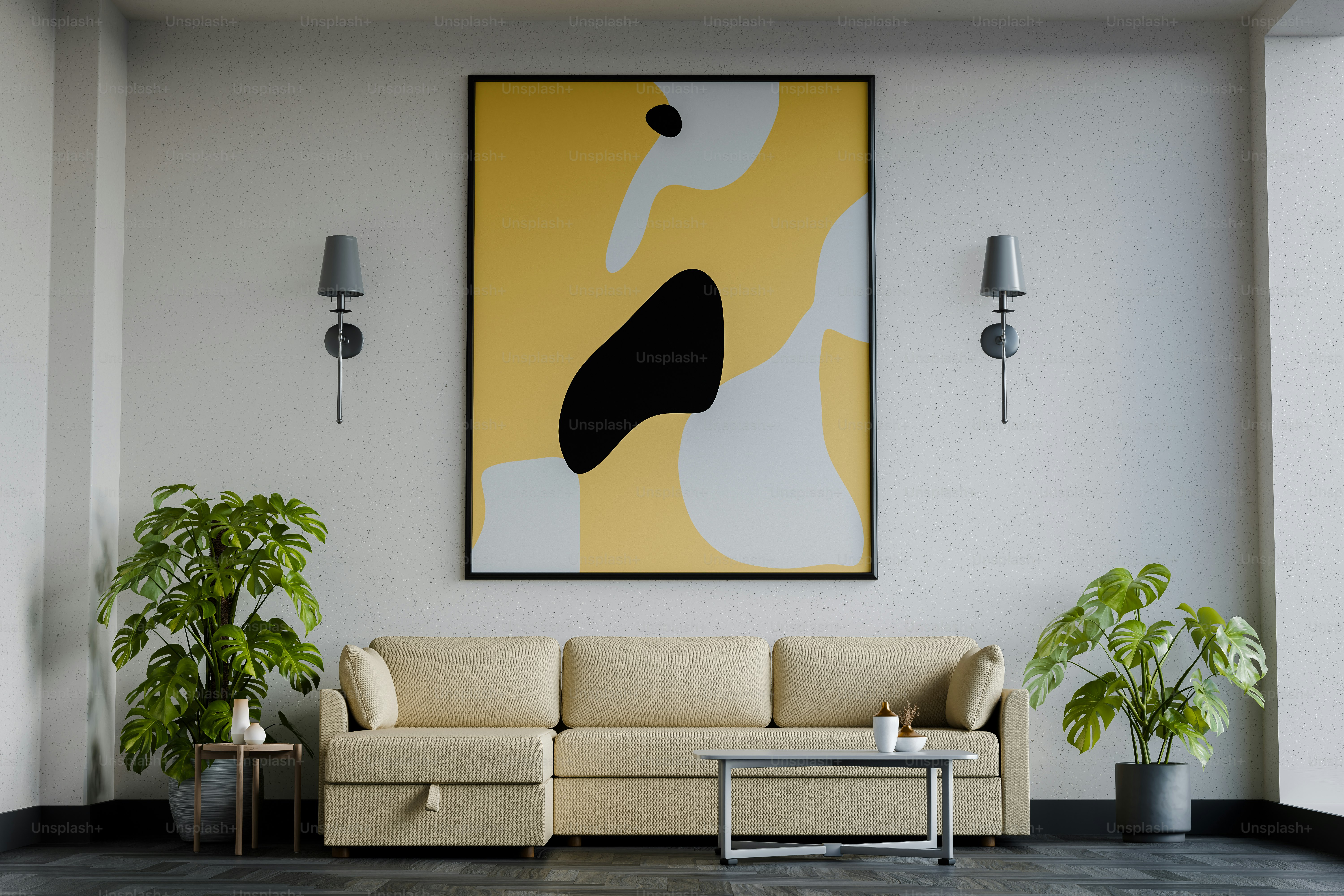 A living room with a couch and a painting on the wall photo – Wallpaper ...