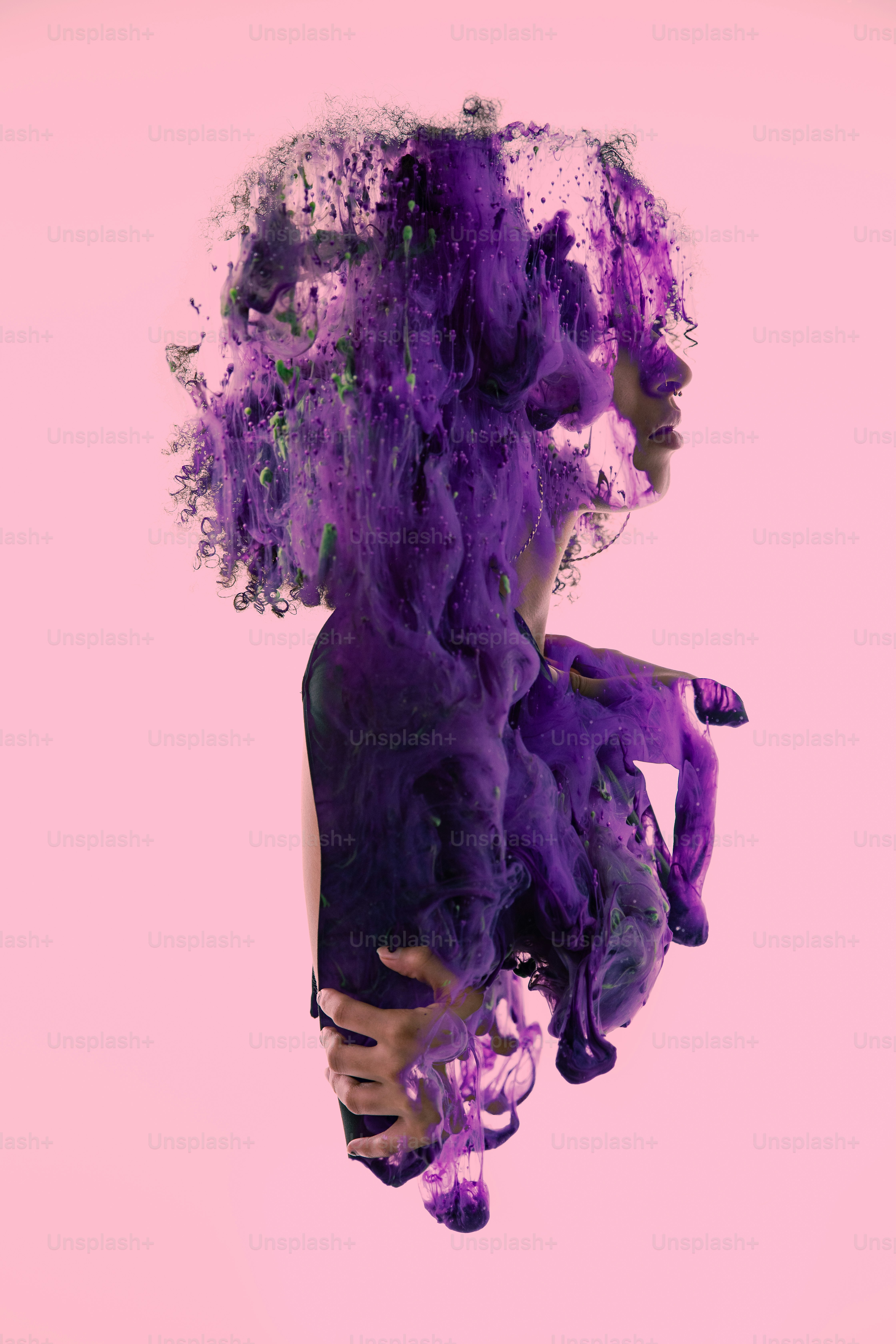 A woman's face is covered in purple smoke photo – Facial features Image ...