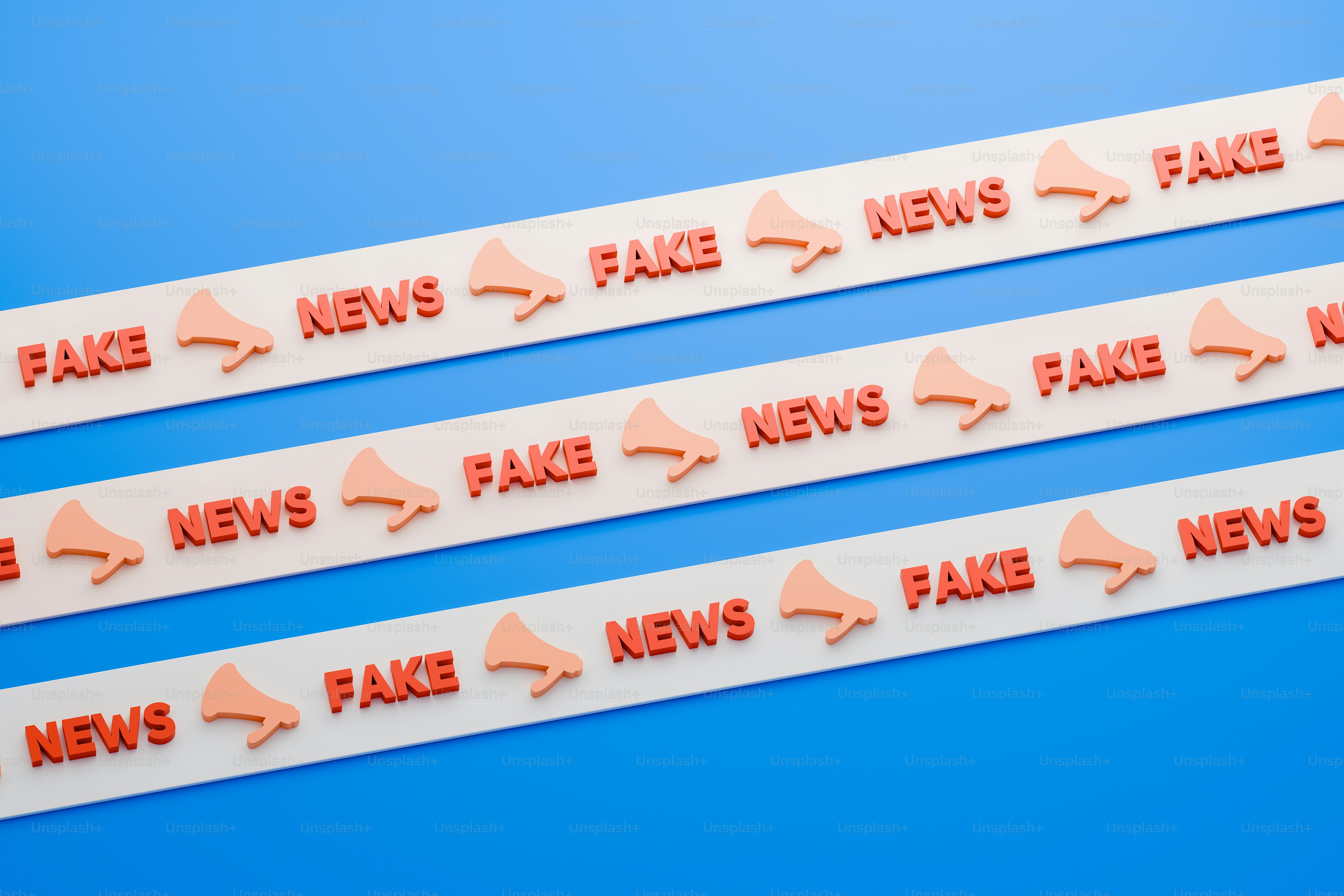 Three red fake news stickers on a blue background photo ...