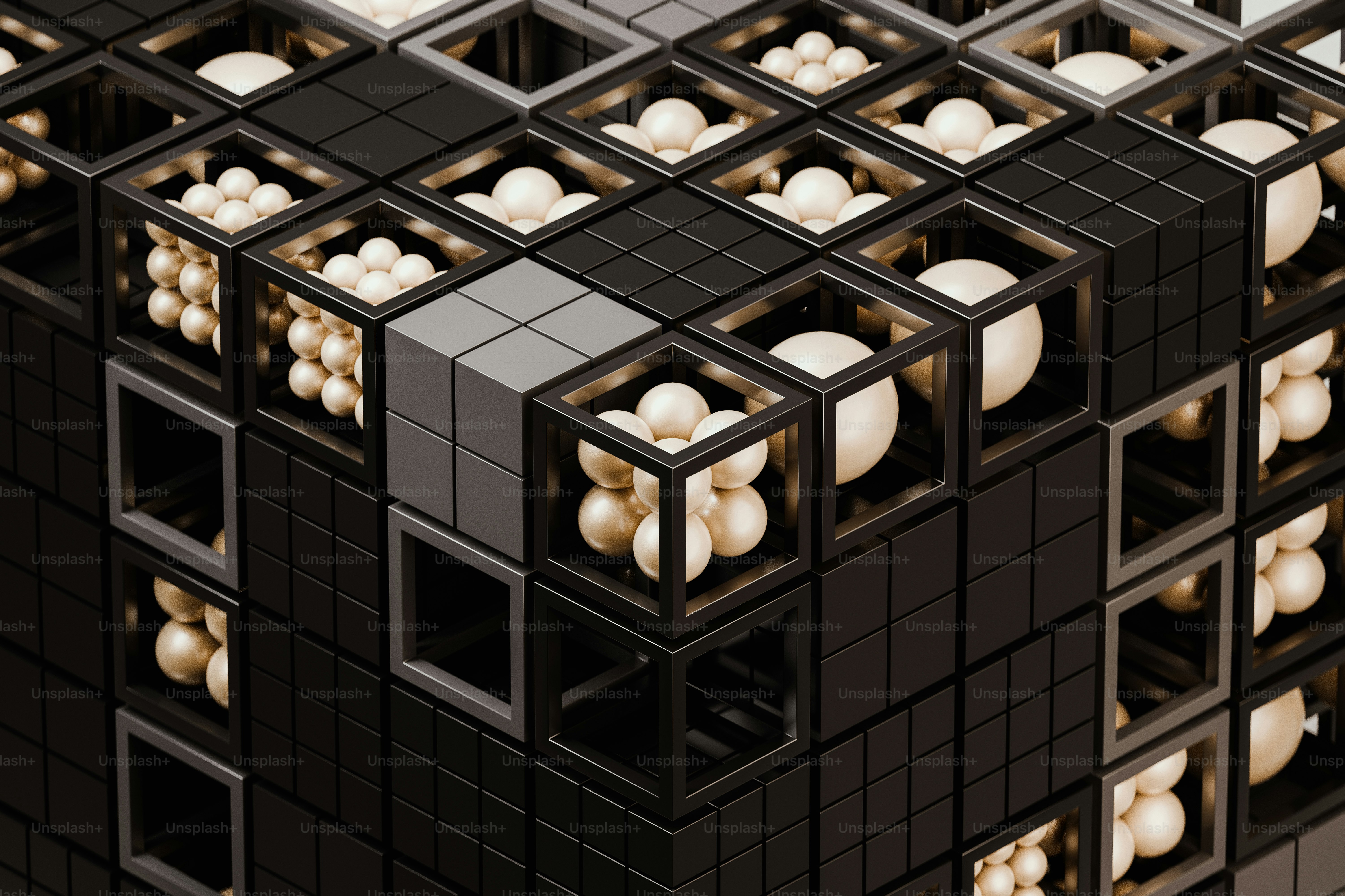 A group of black and white cubes with white balls in them photo ...