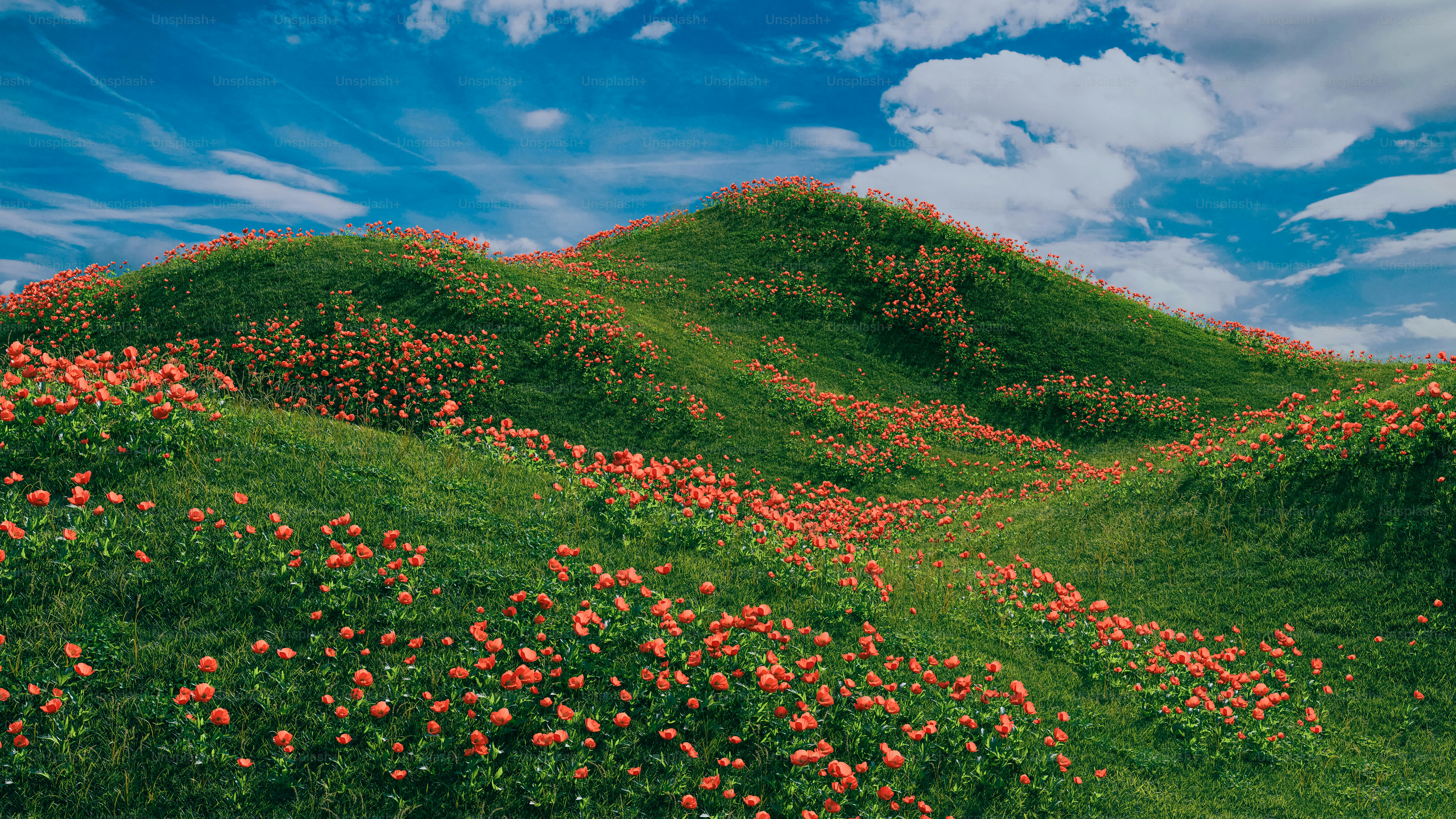 A group of green hills with blue flowers on them photo – Nature Image ...