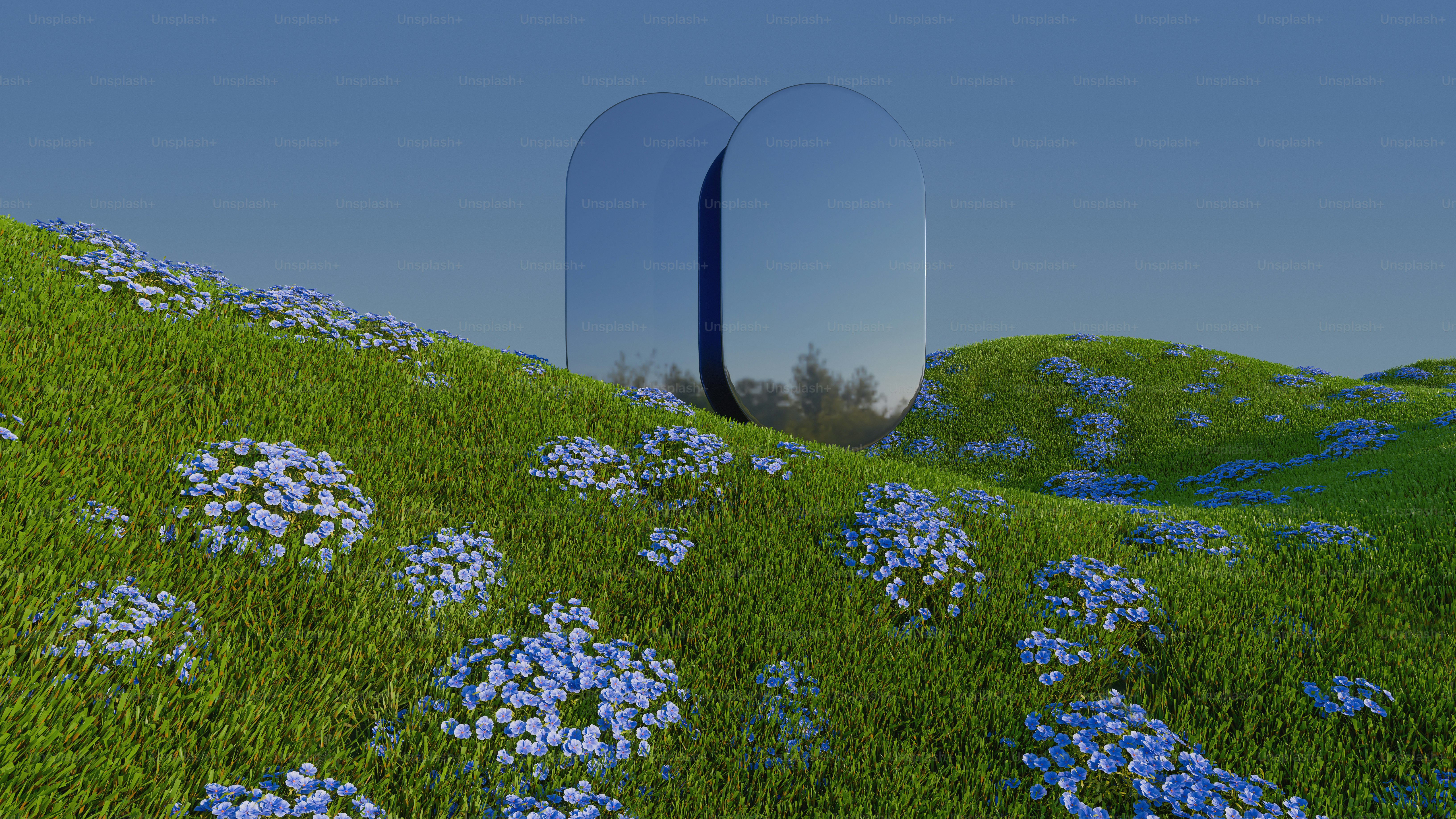 A field of blue flowers with mirrors in the background photo – 3d ...