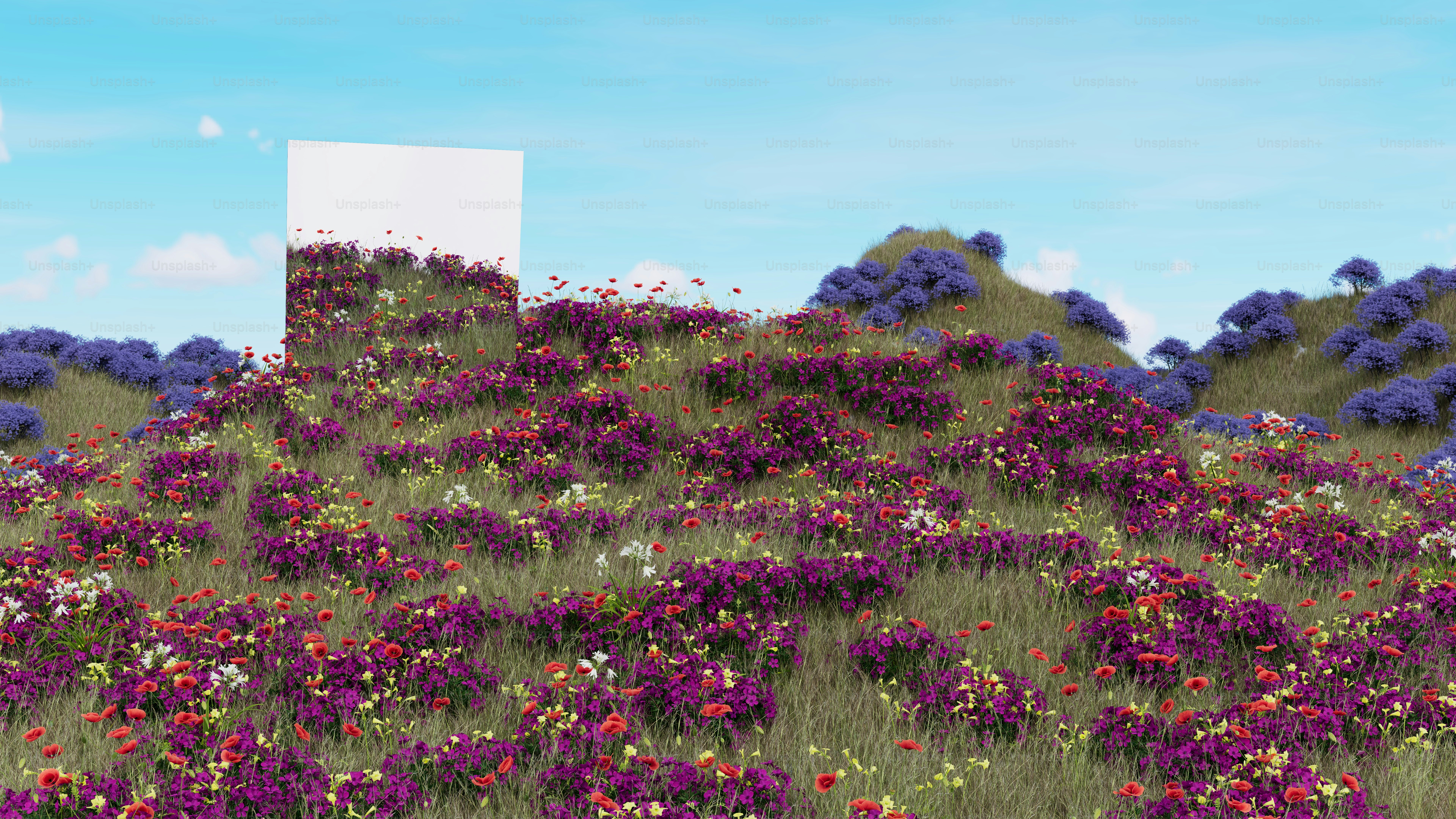 A painting of a field of flowers with a billboard in the background ...