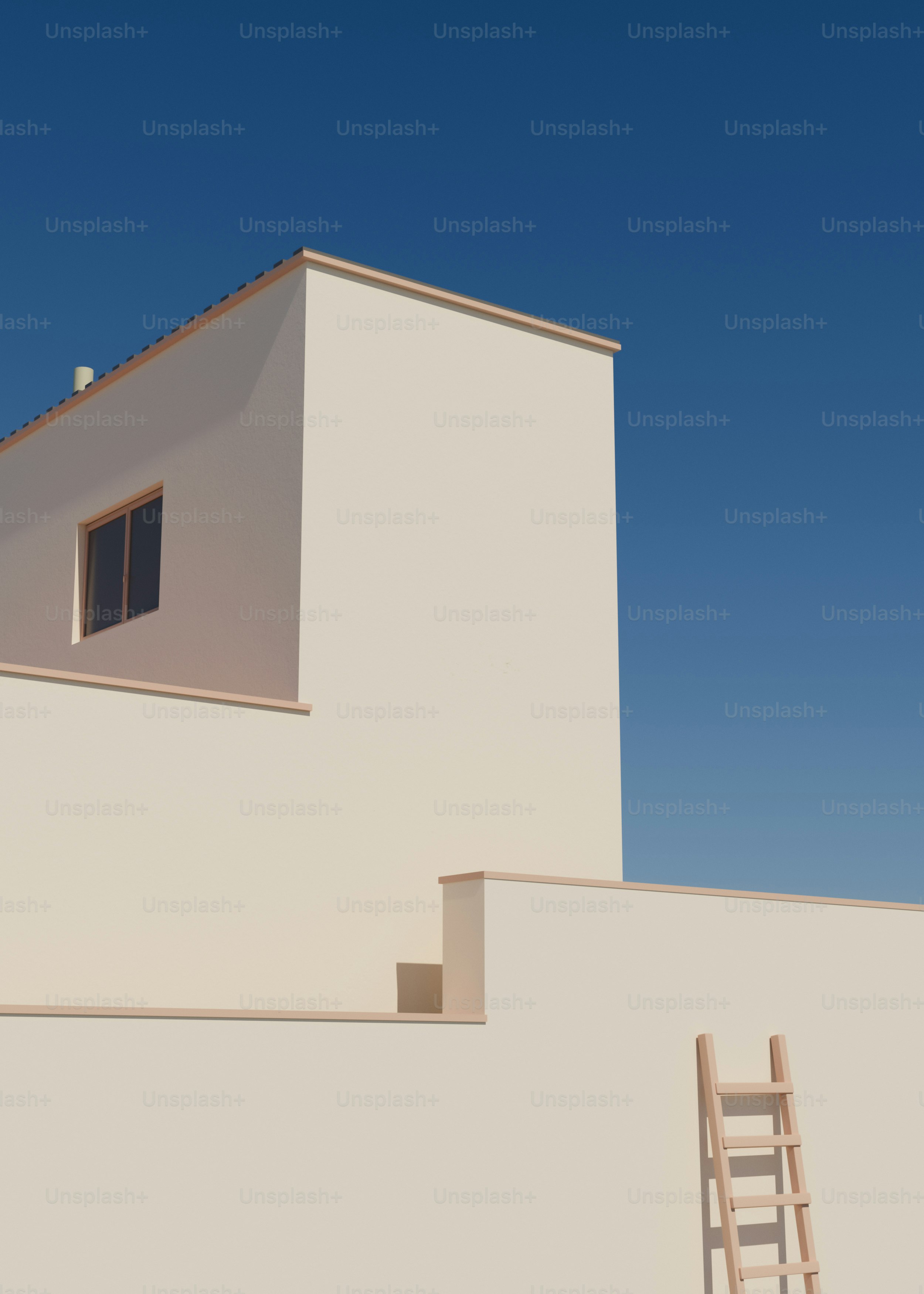 A ladder leaning against the side of a white building photo – Blue sky ...
