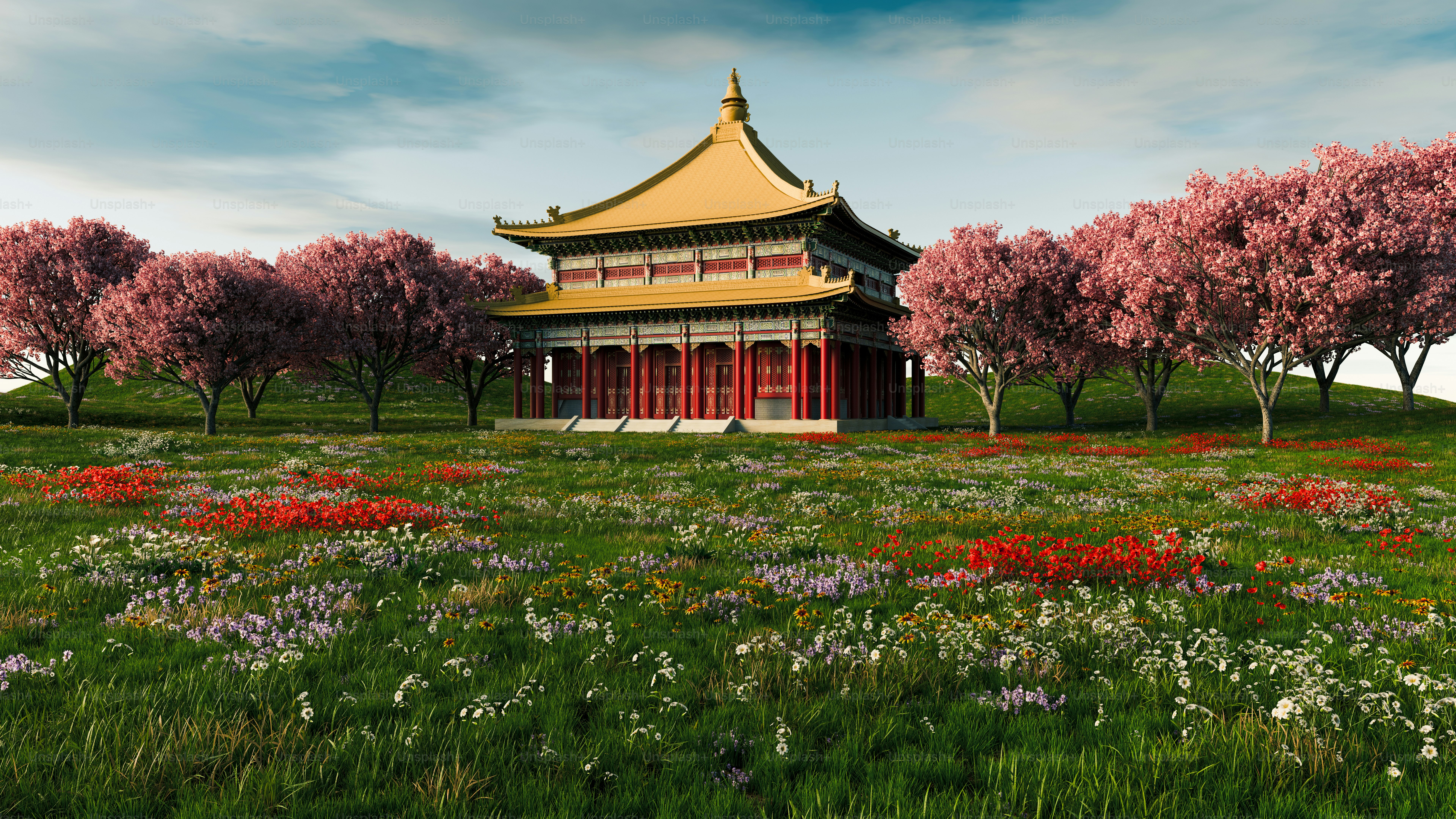 A pagoda in a field of flowers and trees photo – Surat Image on Unsplash