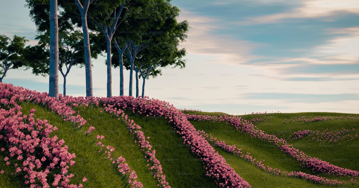 풀이 무성한 언덕에 분홍색 꽃을 그린 그림 사진 Unsplash의 3d 렌더 이미지