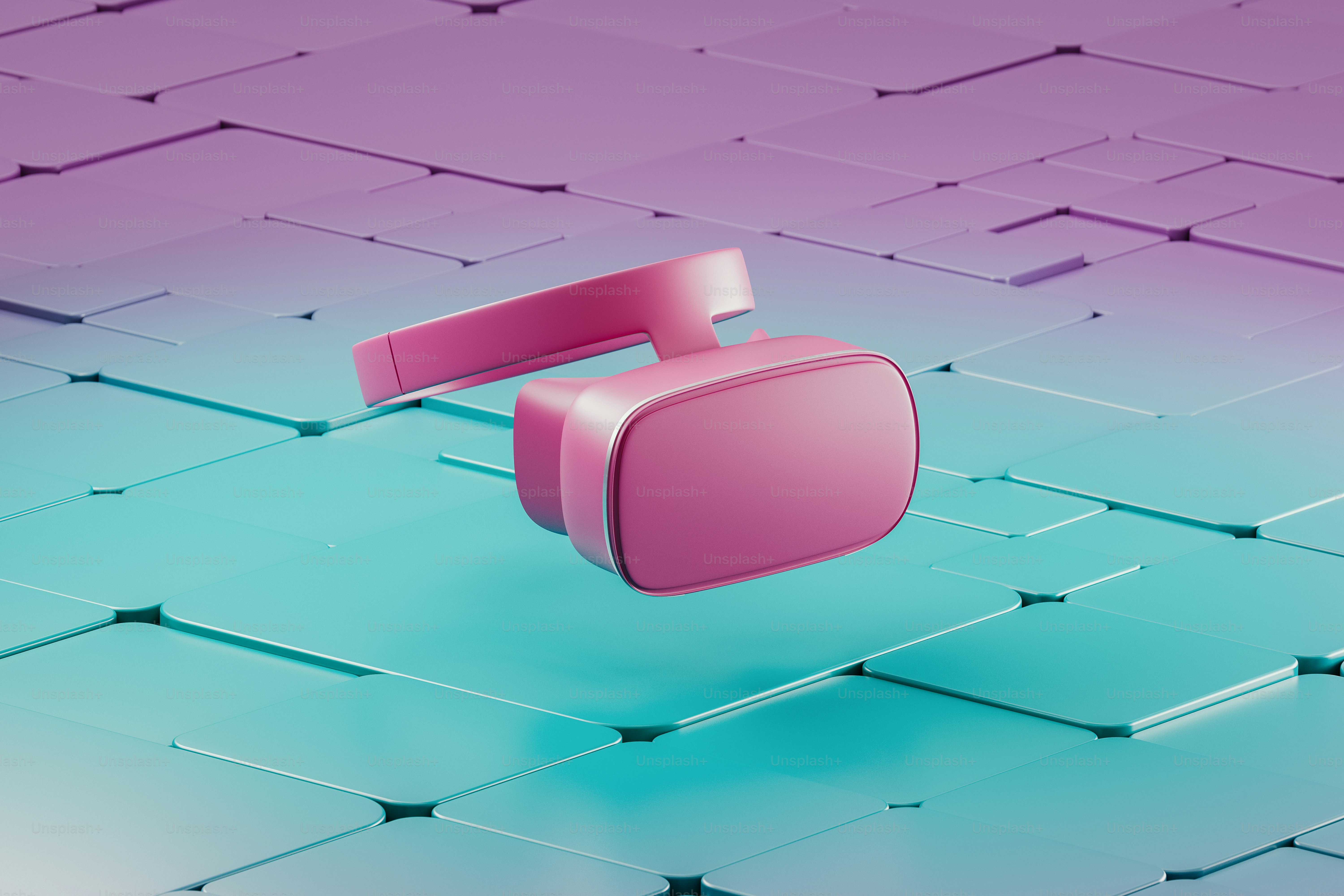 A pink object floating on top of a blue tiled floor photo – Digital ...