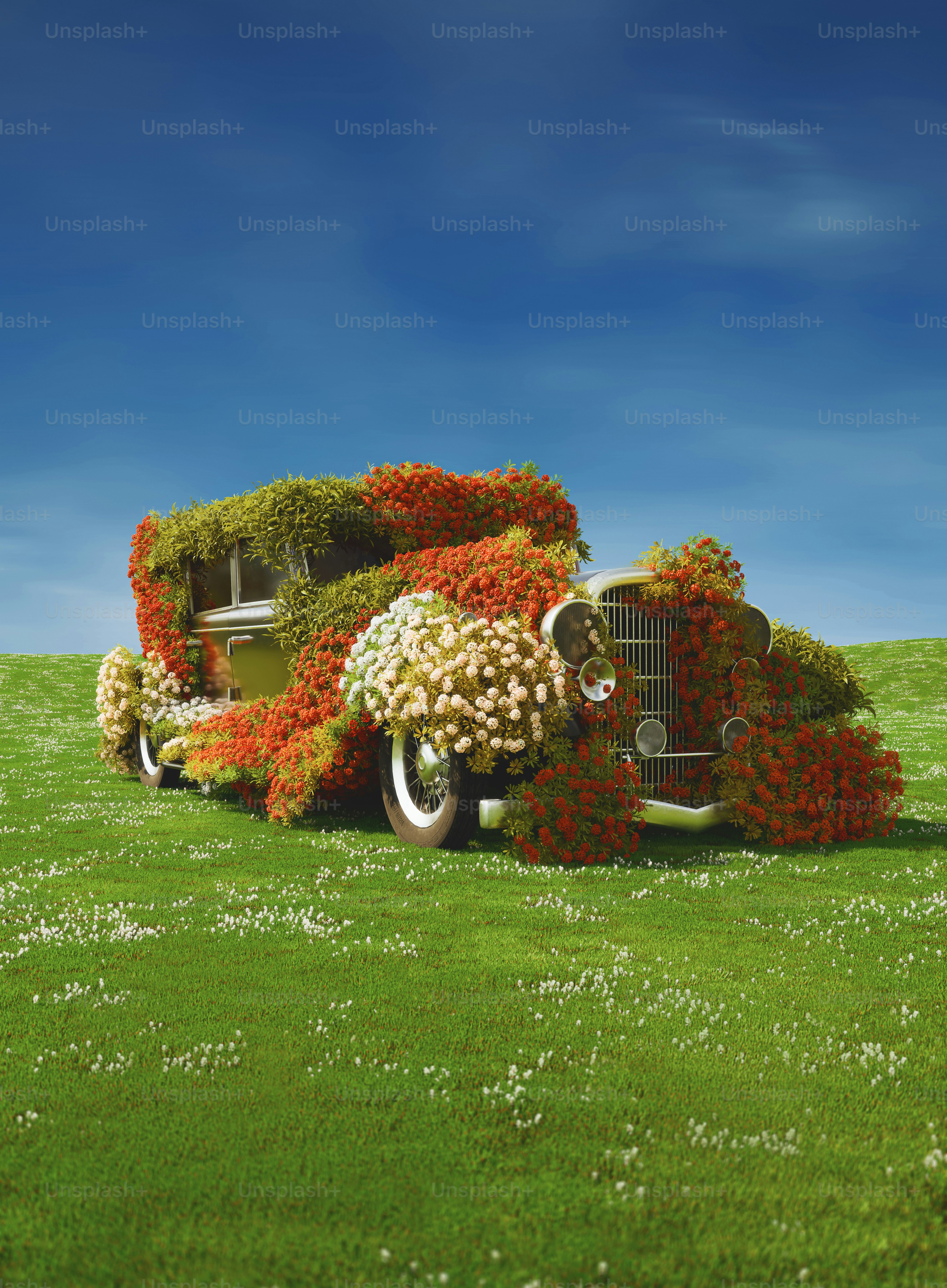 A car covered in flowers sitting on top of a lush green field photo ...