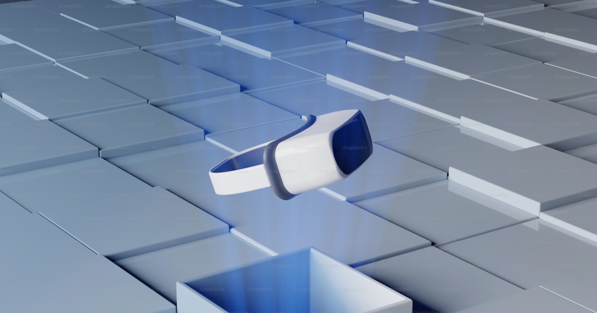 파란색 상자 위에 떠 있는 파란색과 흰색 개체 사진 Unsplash의 Vr 이미지