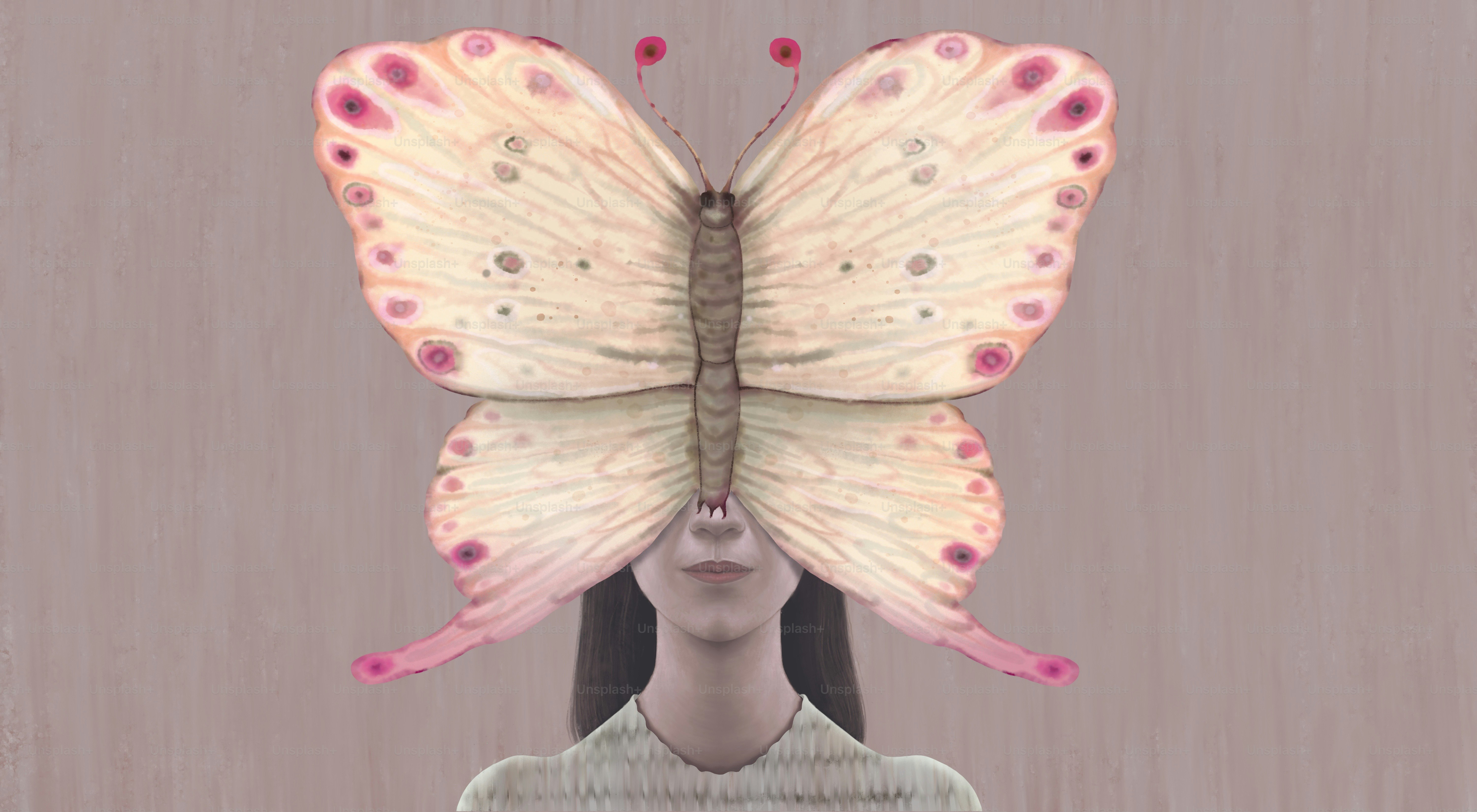 Woman with butterfly face. surreal portrait illustration. concept idea ...