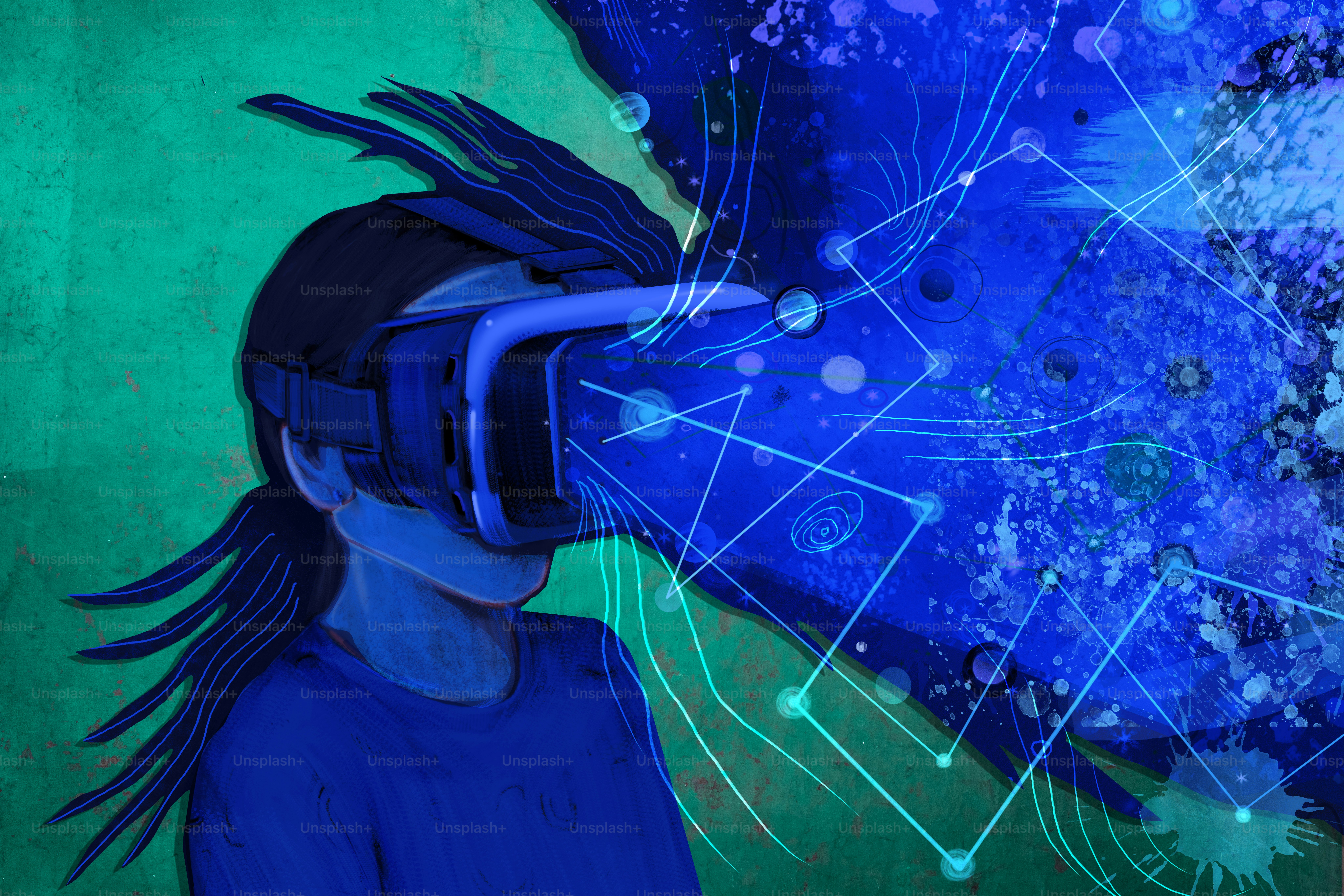 A girl watches the projection of night galaxy neon light and futuristic ...