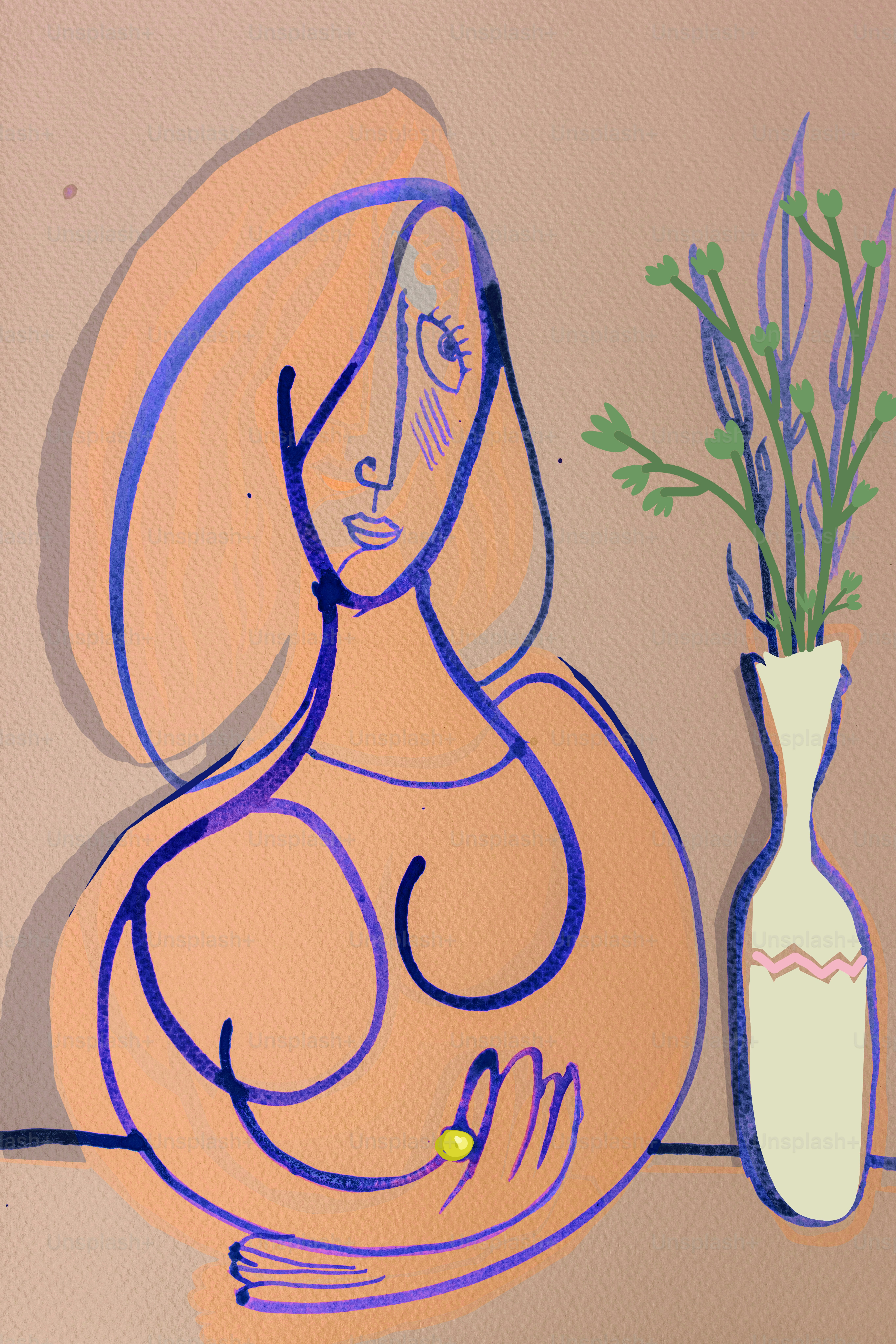 Imaginary woman standing at home with a big bouquet of flowers photo ...