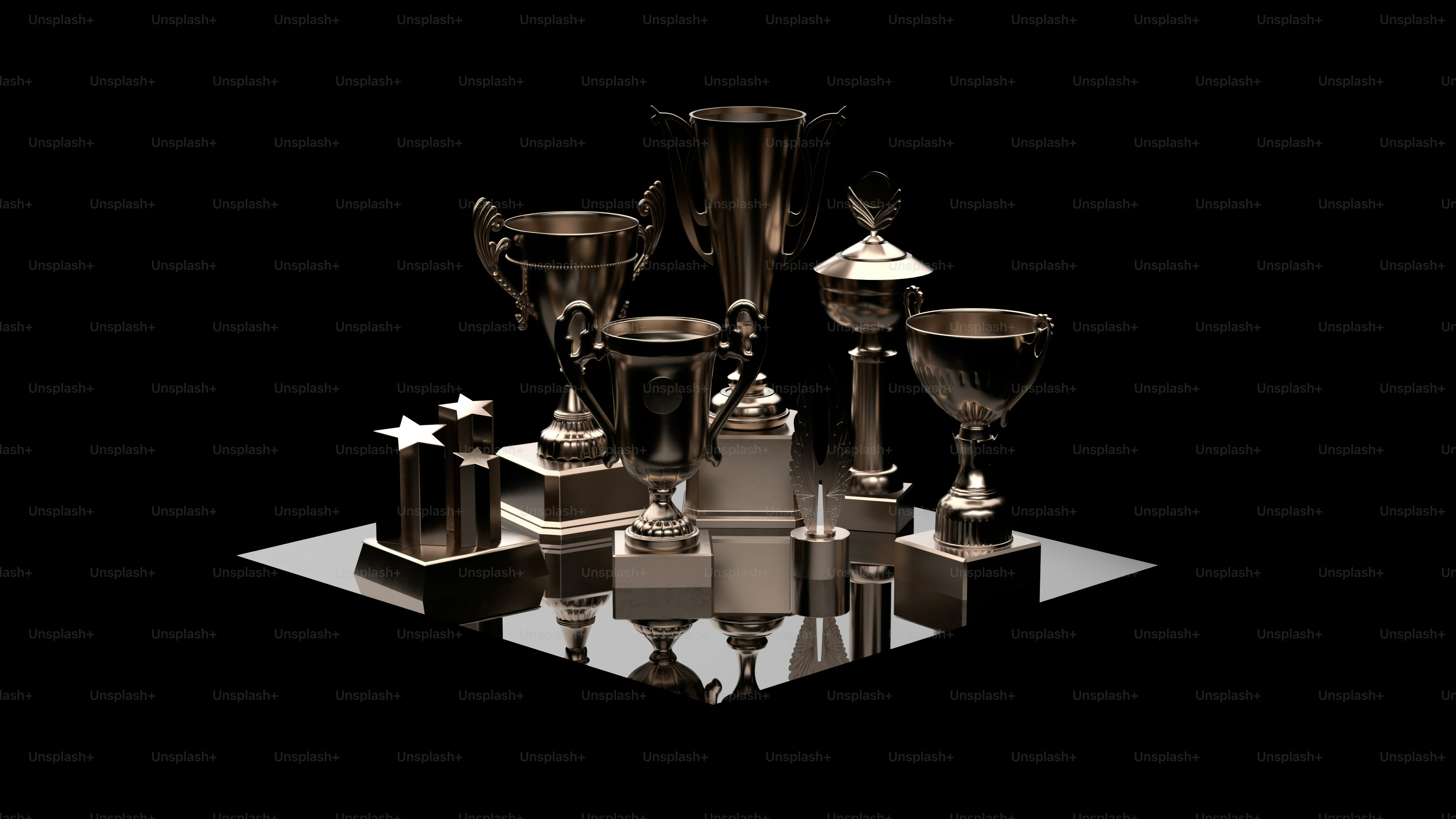 A group of trophies sitting on top of a table photo – Trophy Image on ...