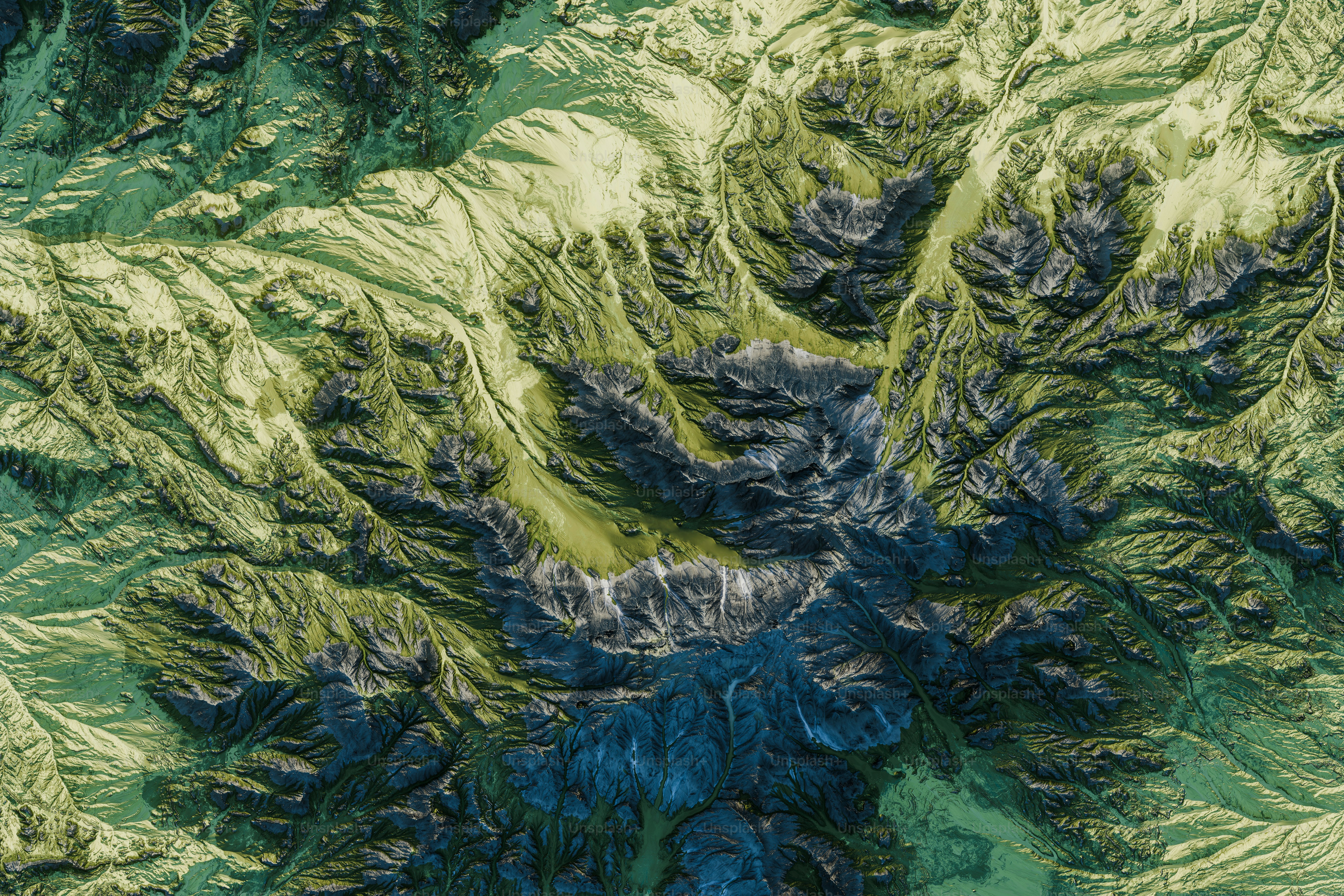 A satellite image of a green mountain range photo – Sattelite view ...