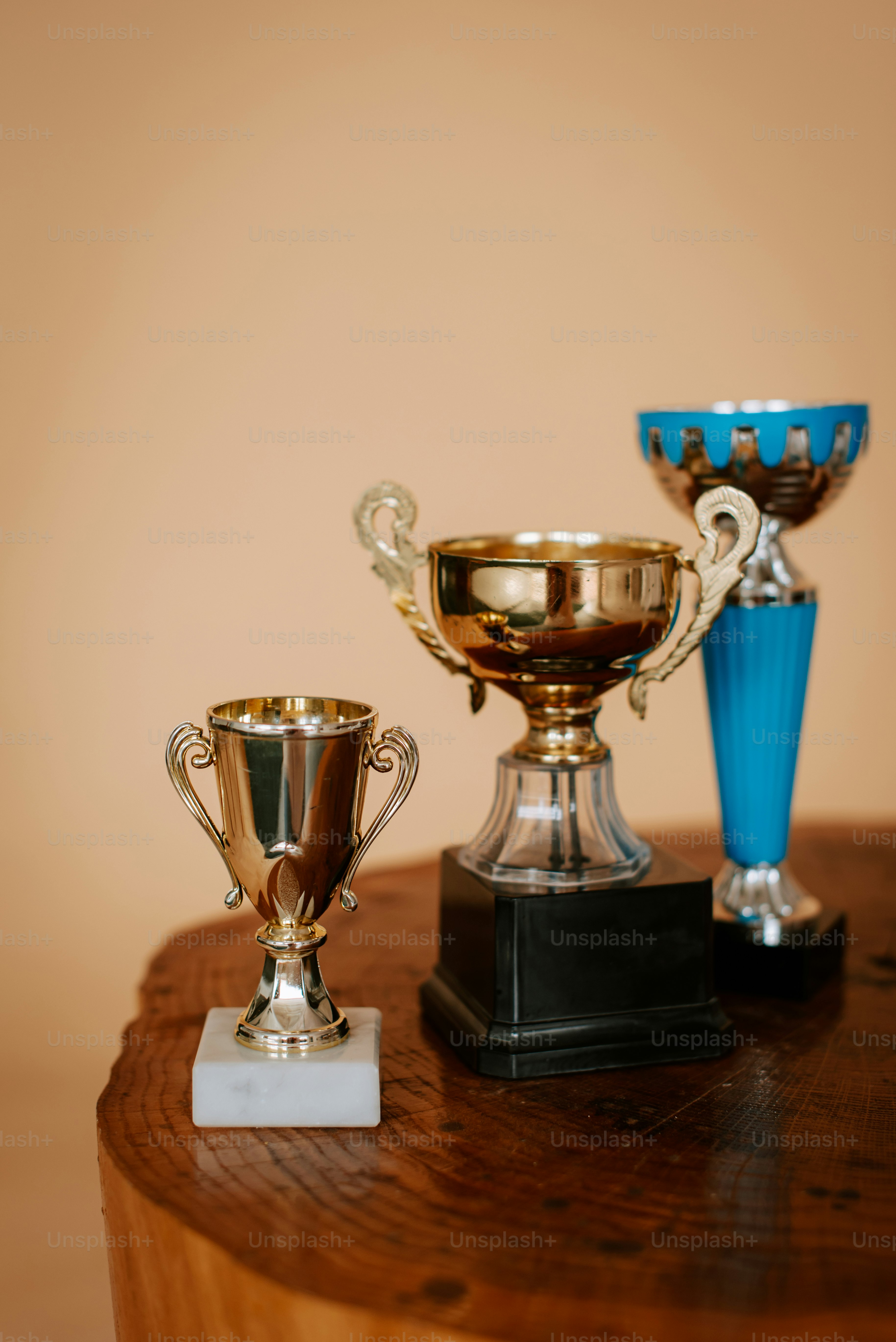 Three trophies sitting on top of a wooden table photo – Success Image ...