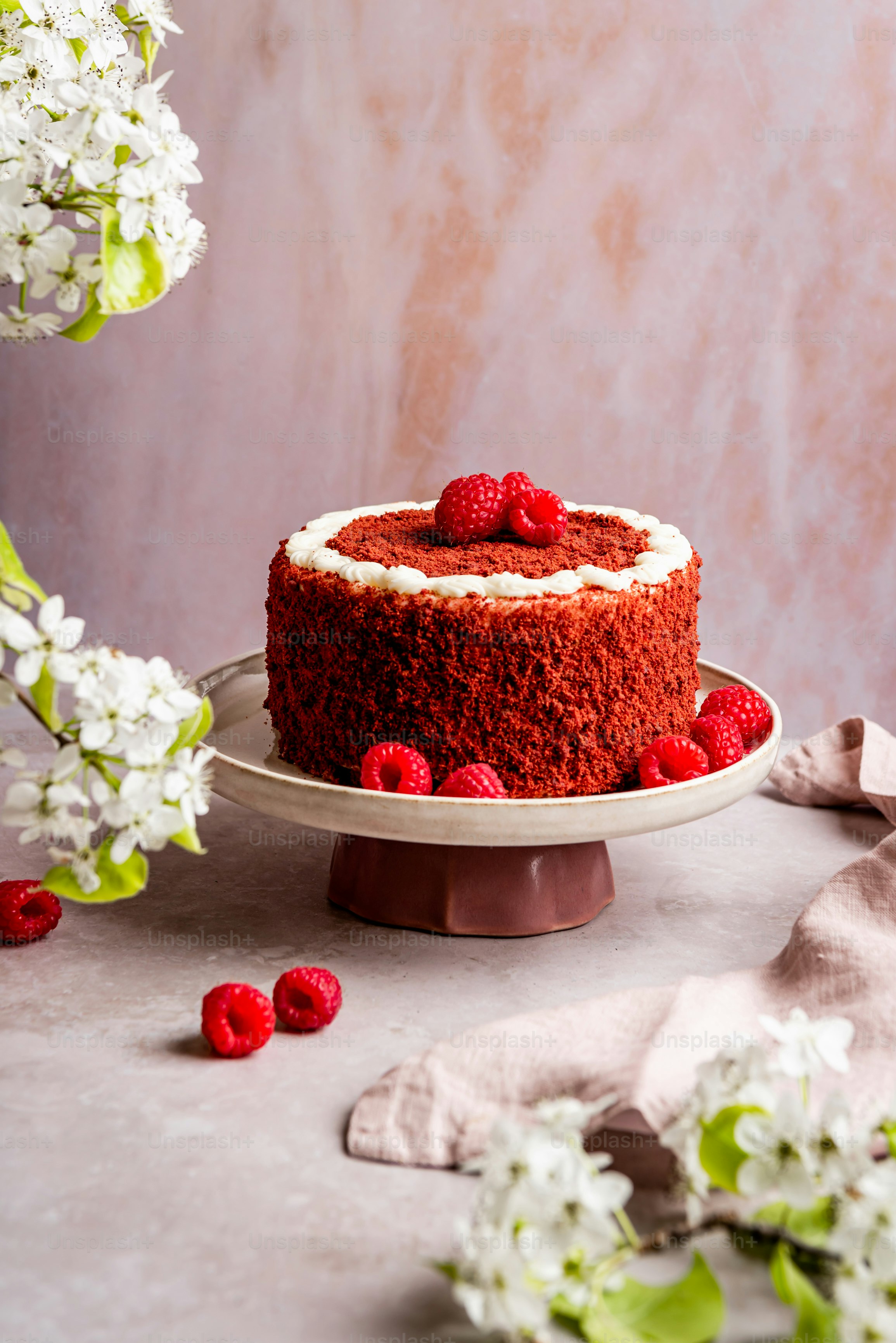 A chocolate cake with raspberries on a plate photo – Red velvet Image ...