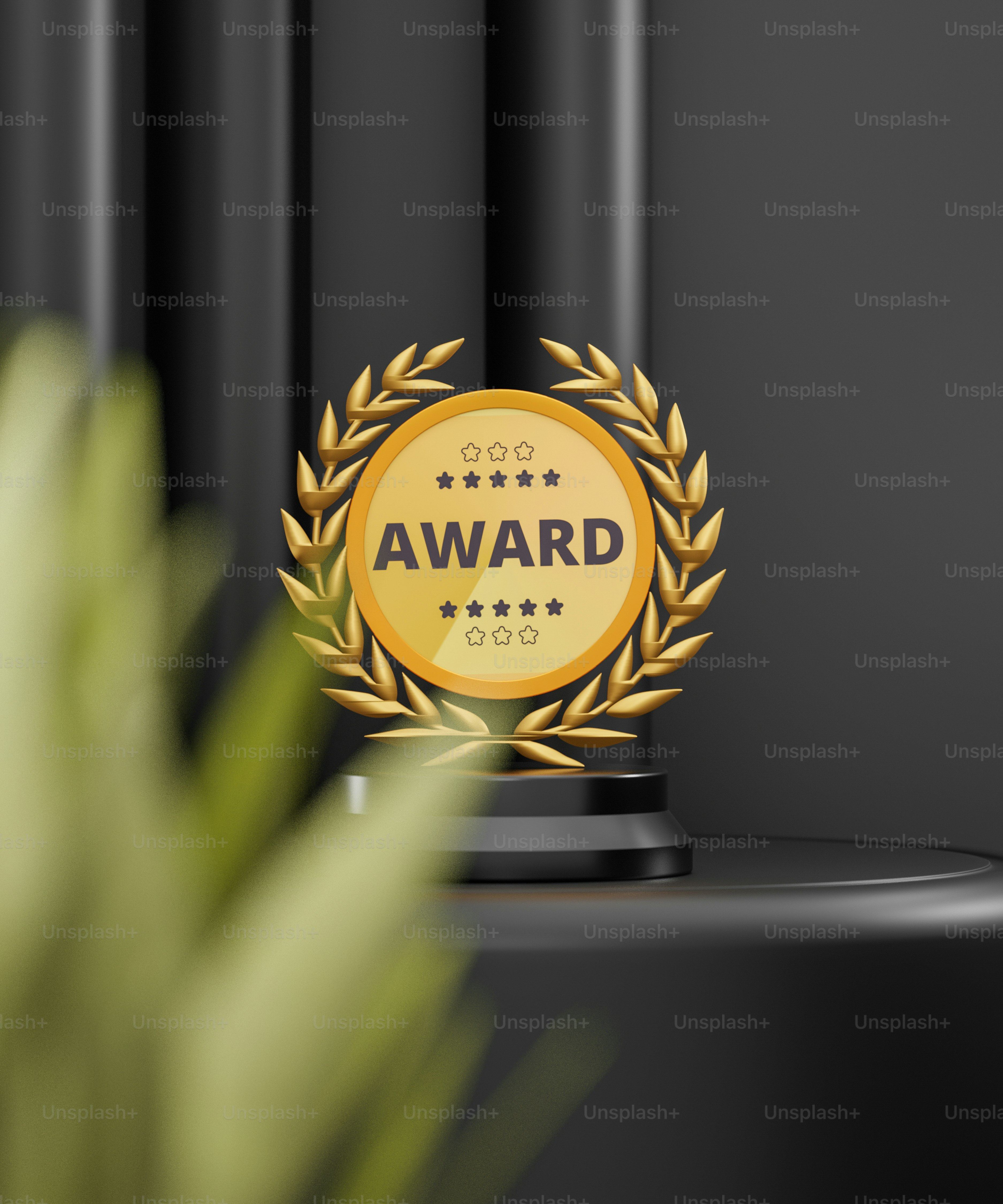 A gold award badge sitting on top of a table photo – Trophy Image on ...