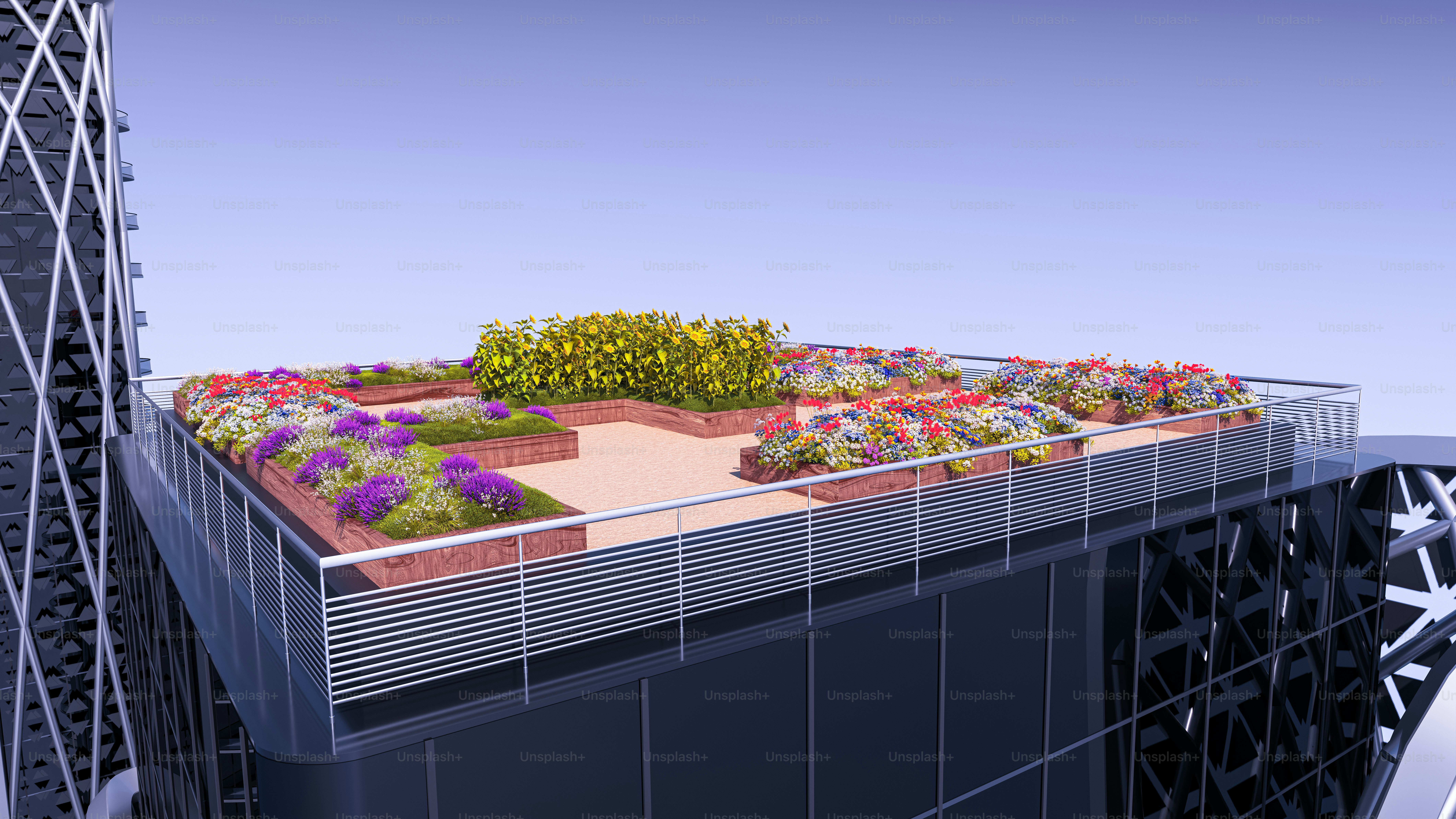 A roof garden with flowers and plants on it photo – Nature Image on ...