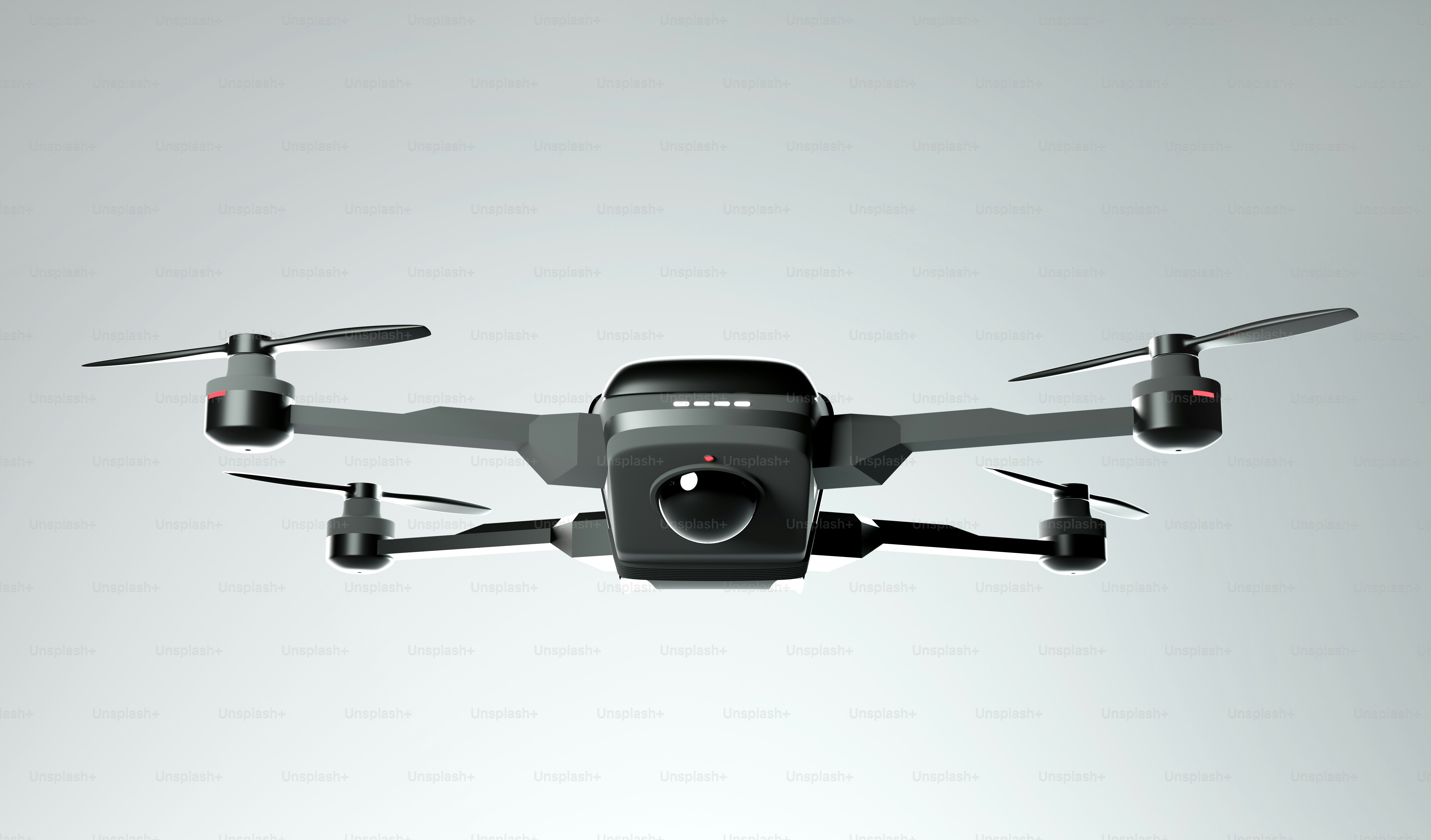Front on view of a flying consumer drone quadcopter. 3D illustration ...