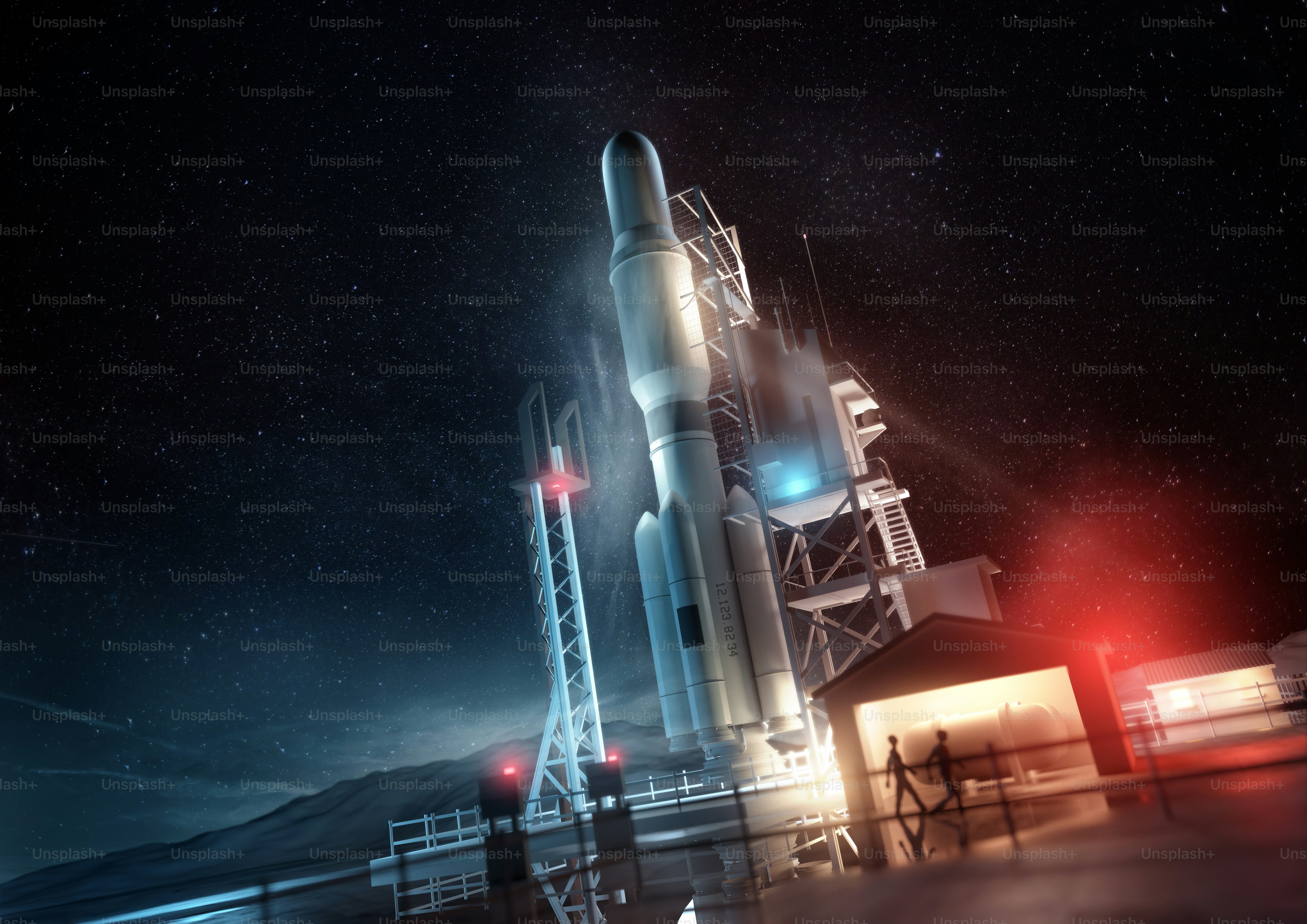 A large space rocket ready for launch at night. 3D illustration concept ...
