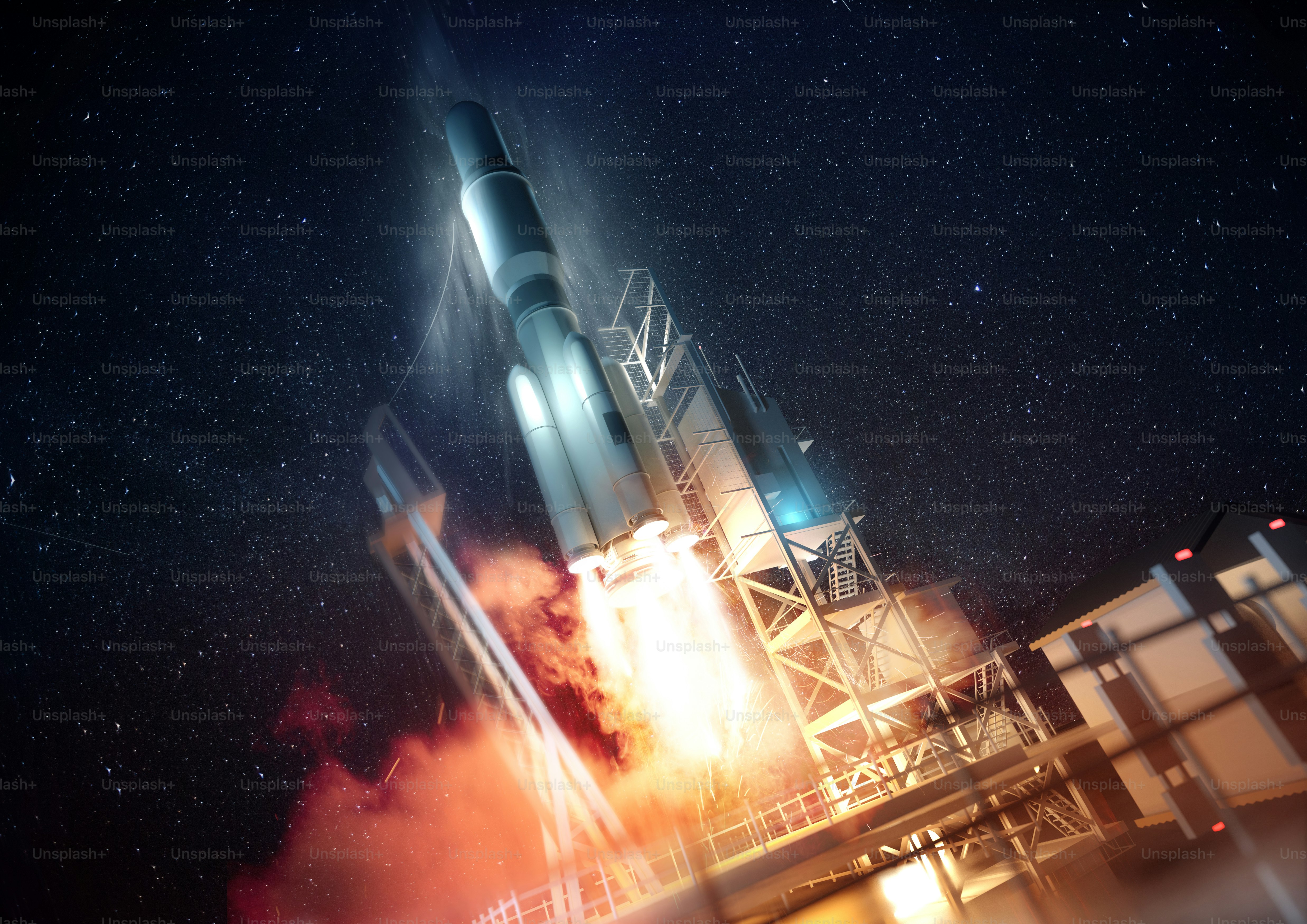 A large commercial rocket being launched into space at night. 3D ...
