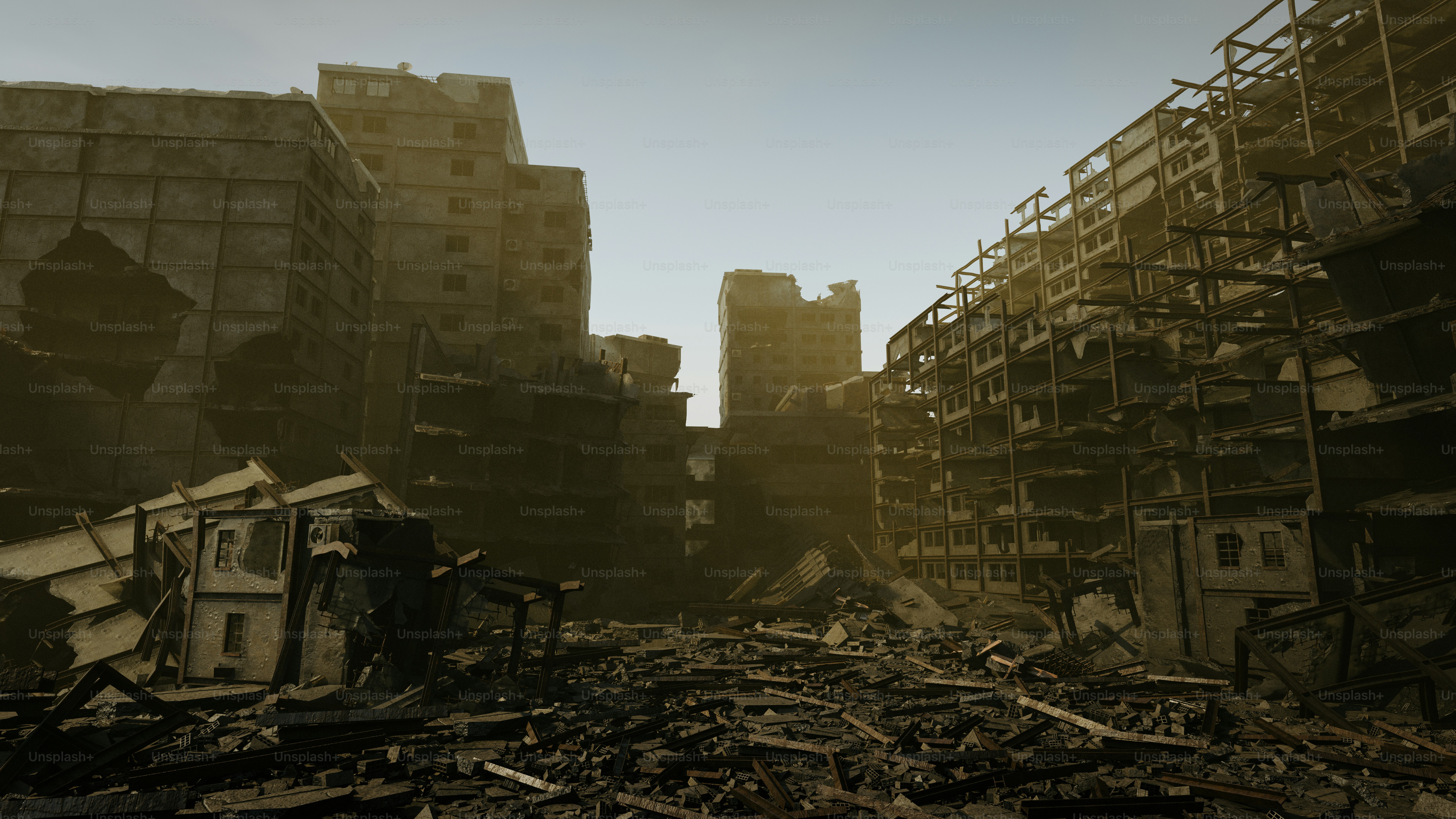 A bunch of rubble in a city with scaffolding photo – Apocalyptic Image ...