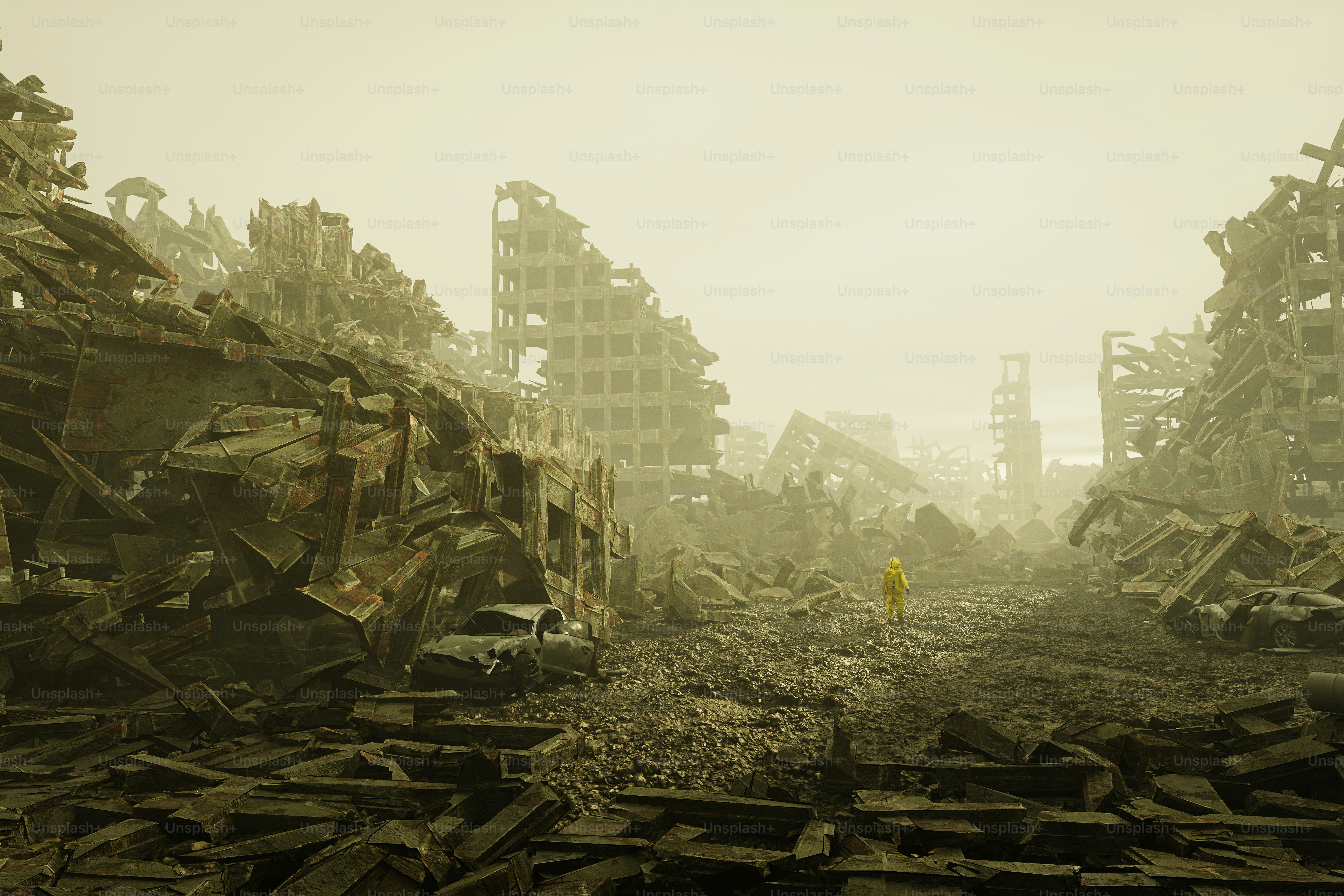 A person standing in a large pile of rubble photo – Render Image on ...