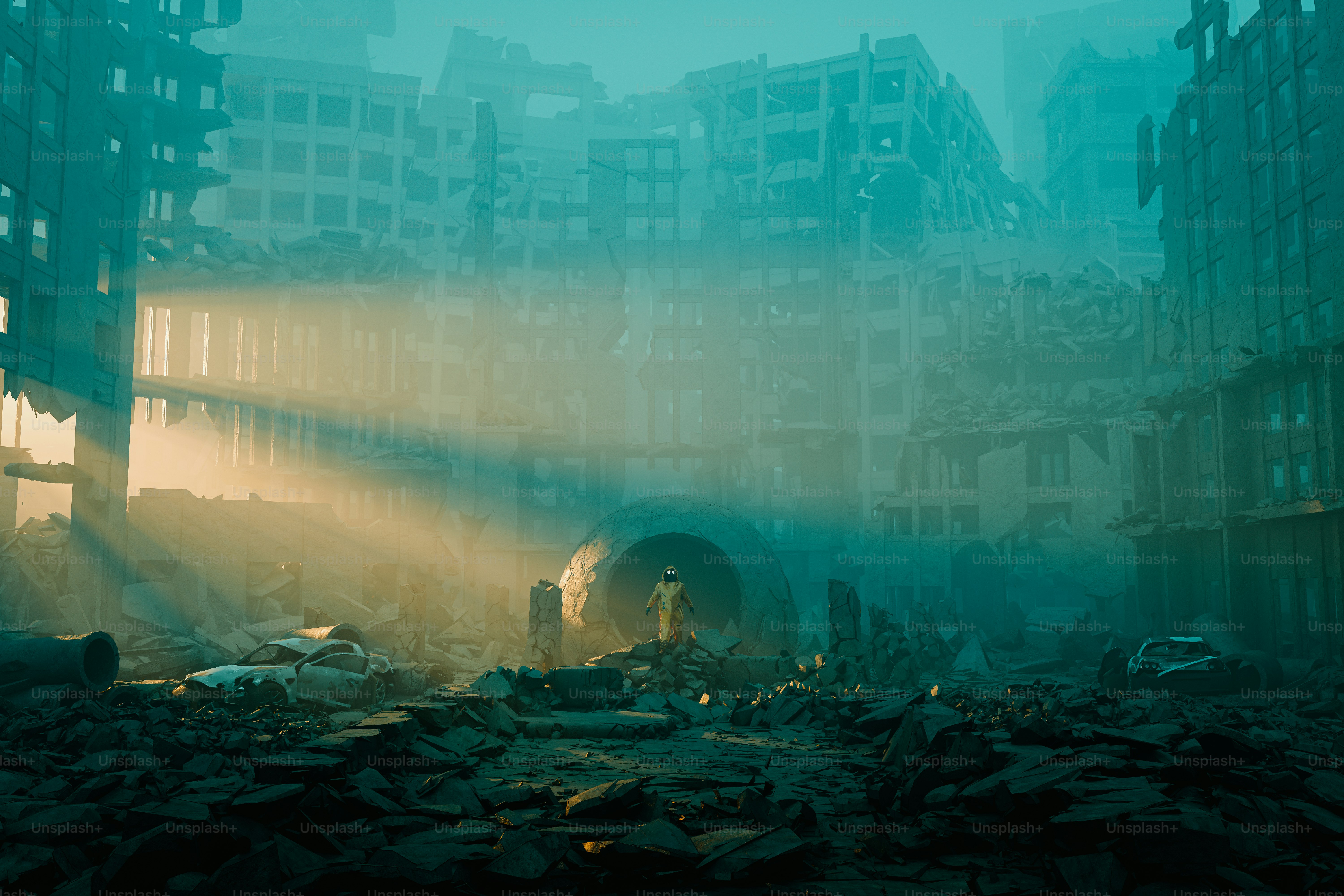 A scene of a destroyed building with a light coming through the window ...