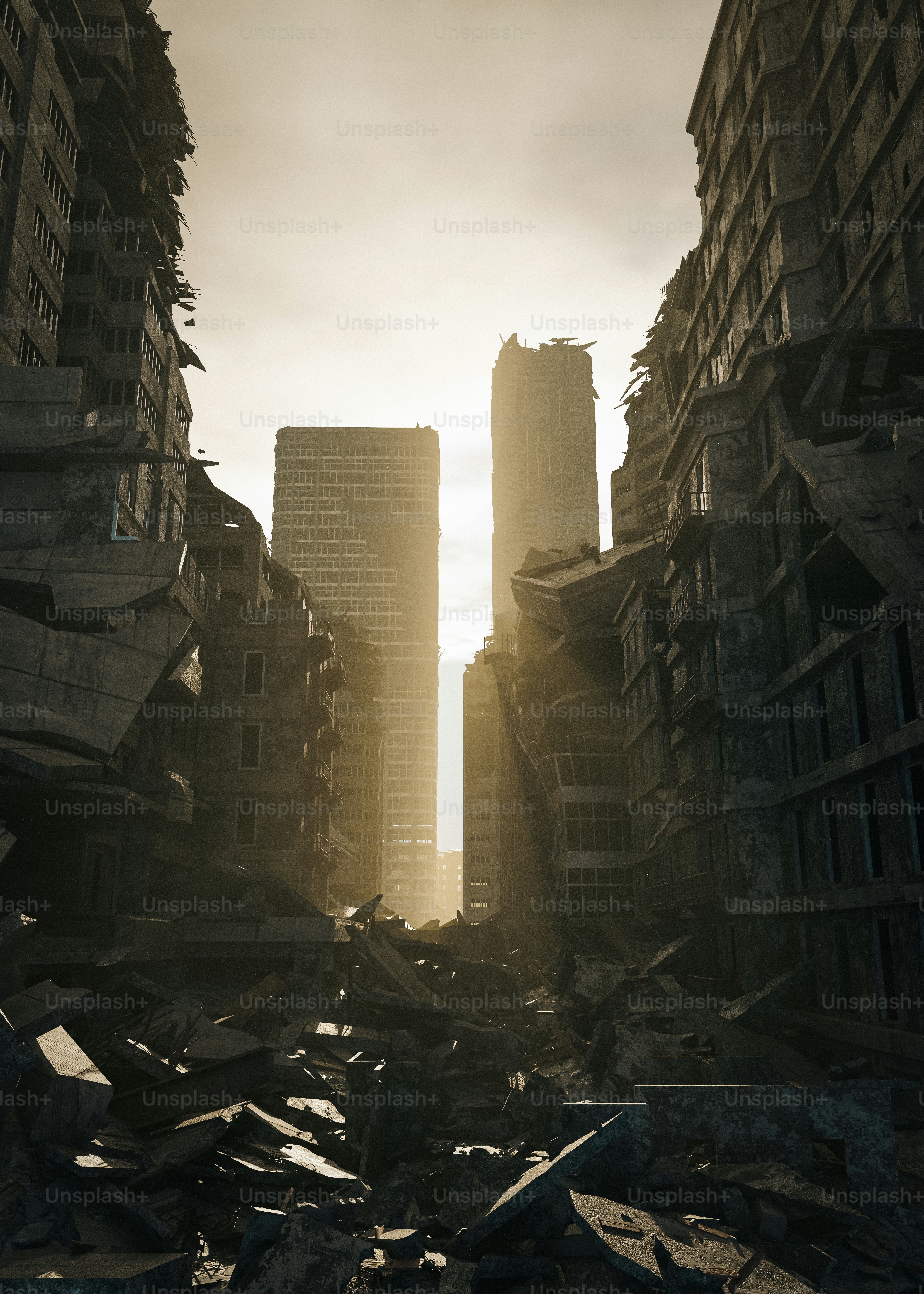 A city filled with lots of rubble next to tall buildings photo – Render ...