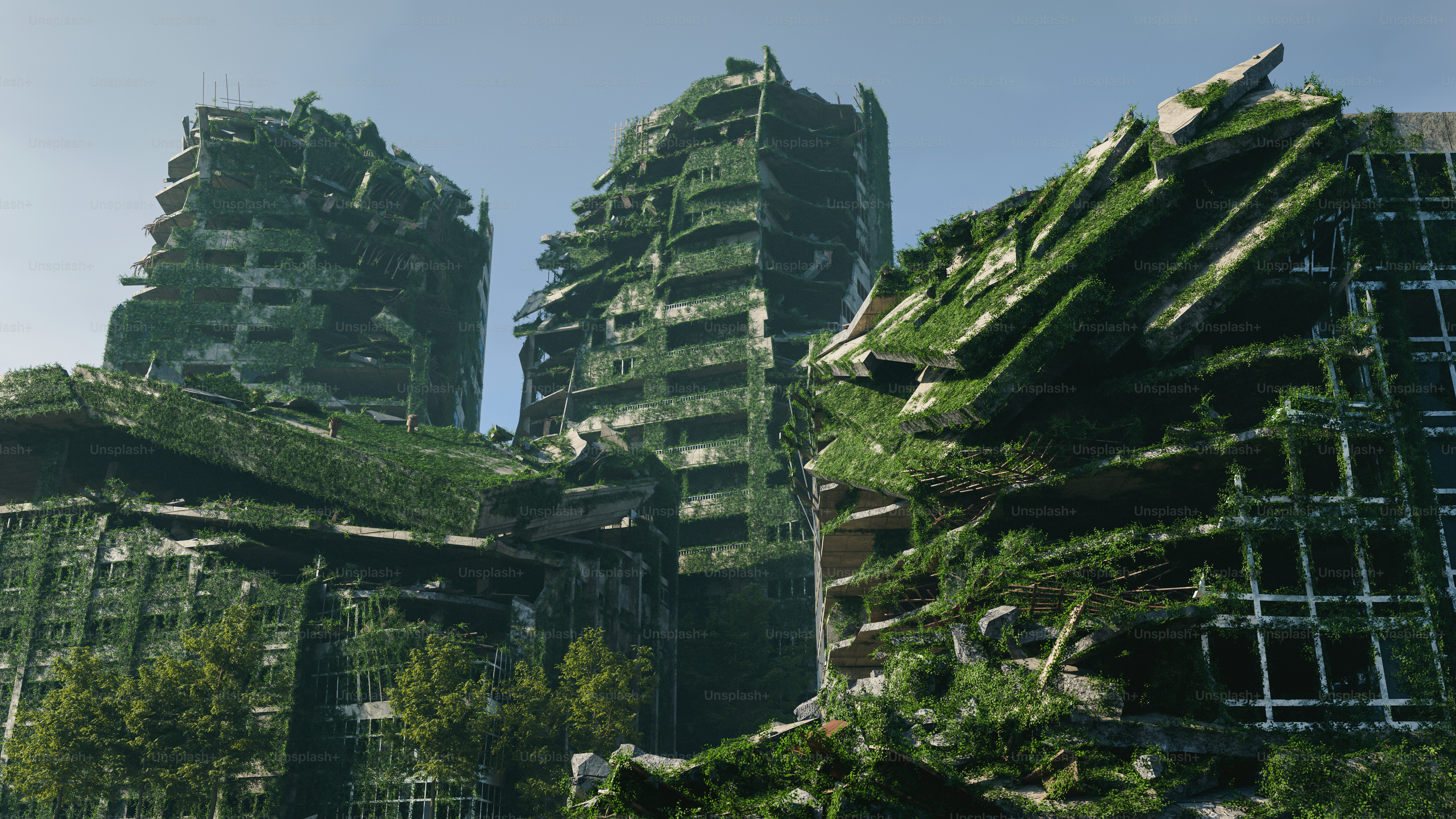 A bunch of buildings that are covered in grass photo – Post apocalyptic ...