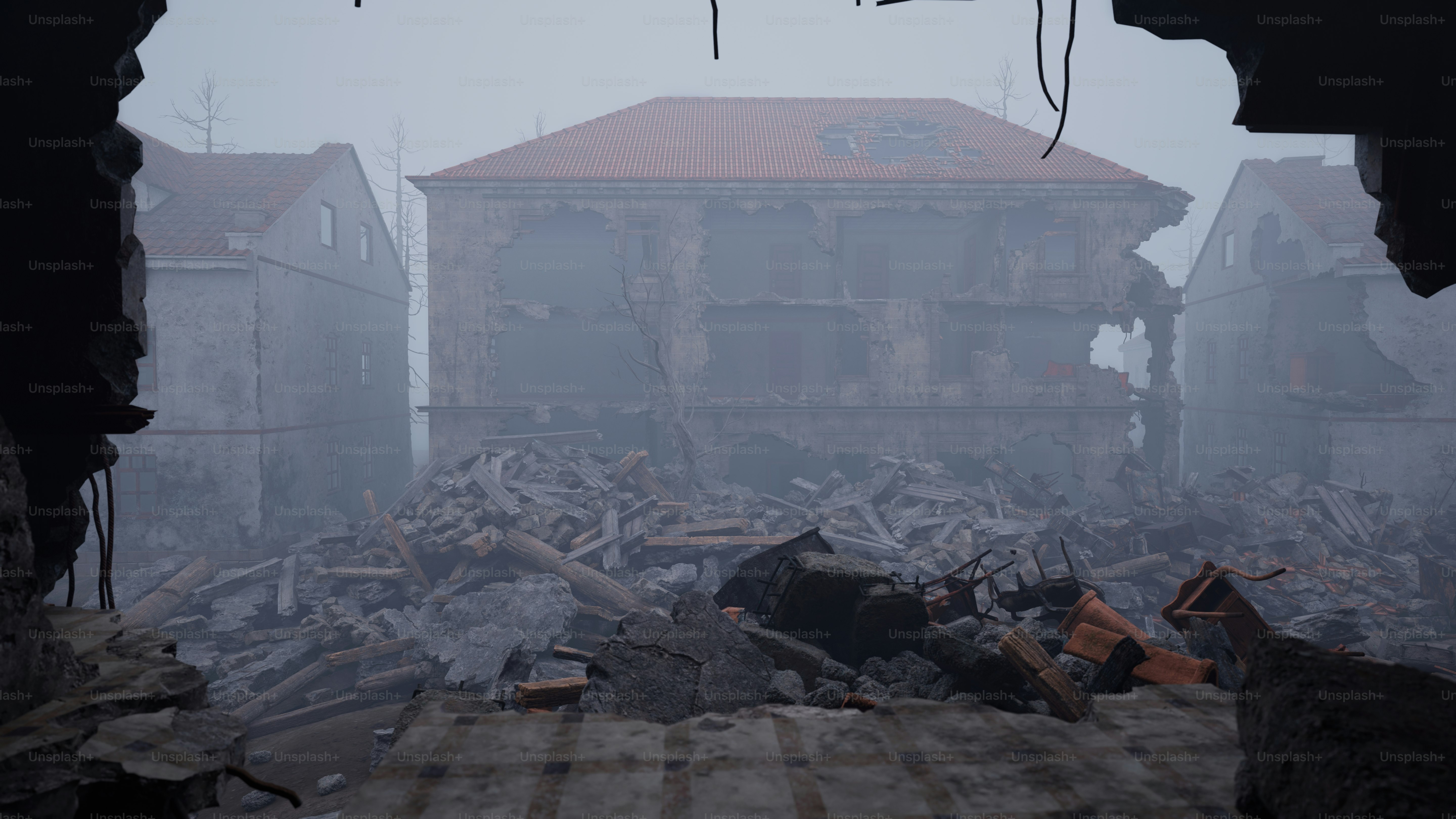 A destroyed building with rubble in the foreground photo – Post ...