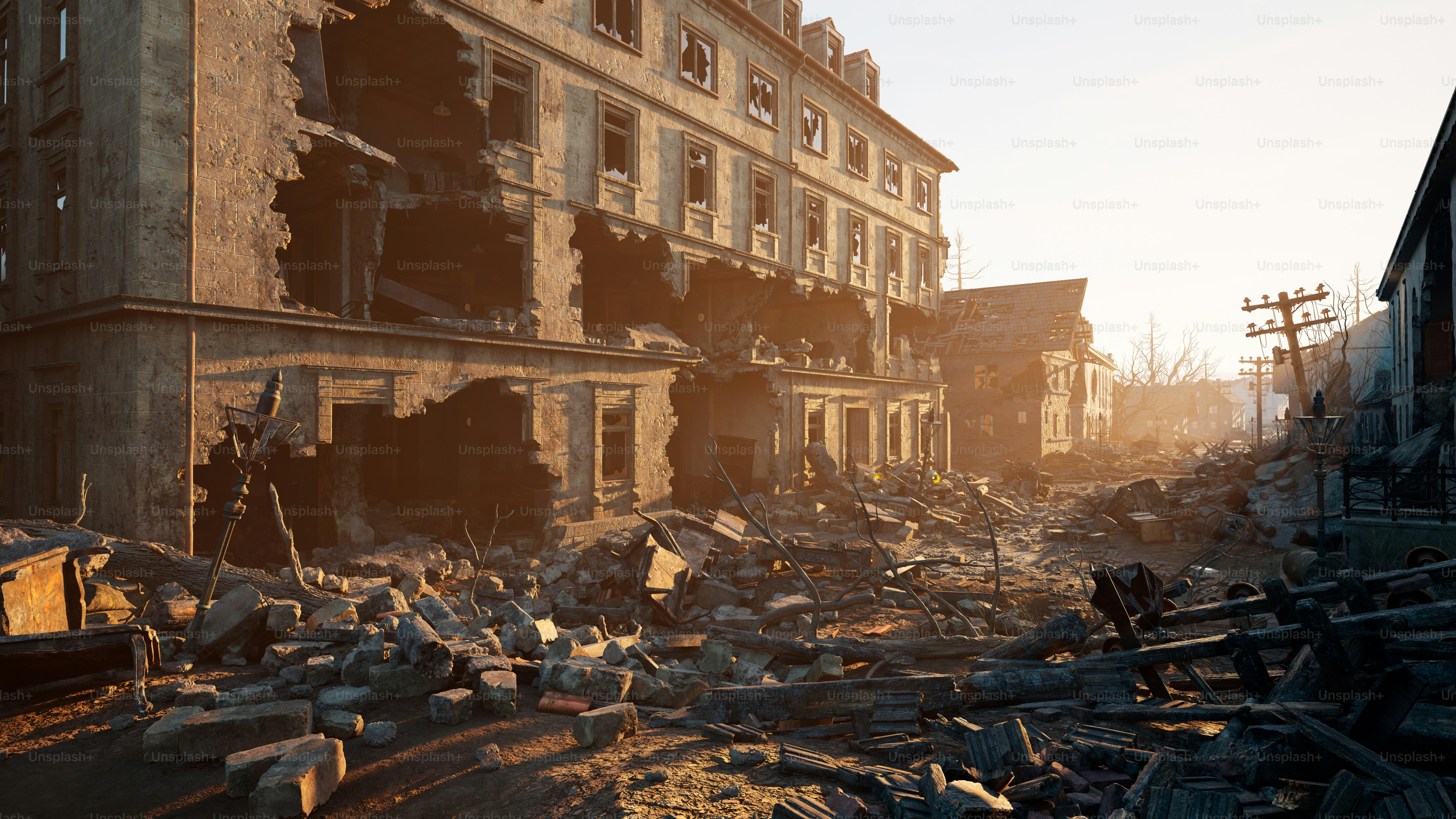 A destroyed building with rubble in the foreground photo – War Image on ...