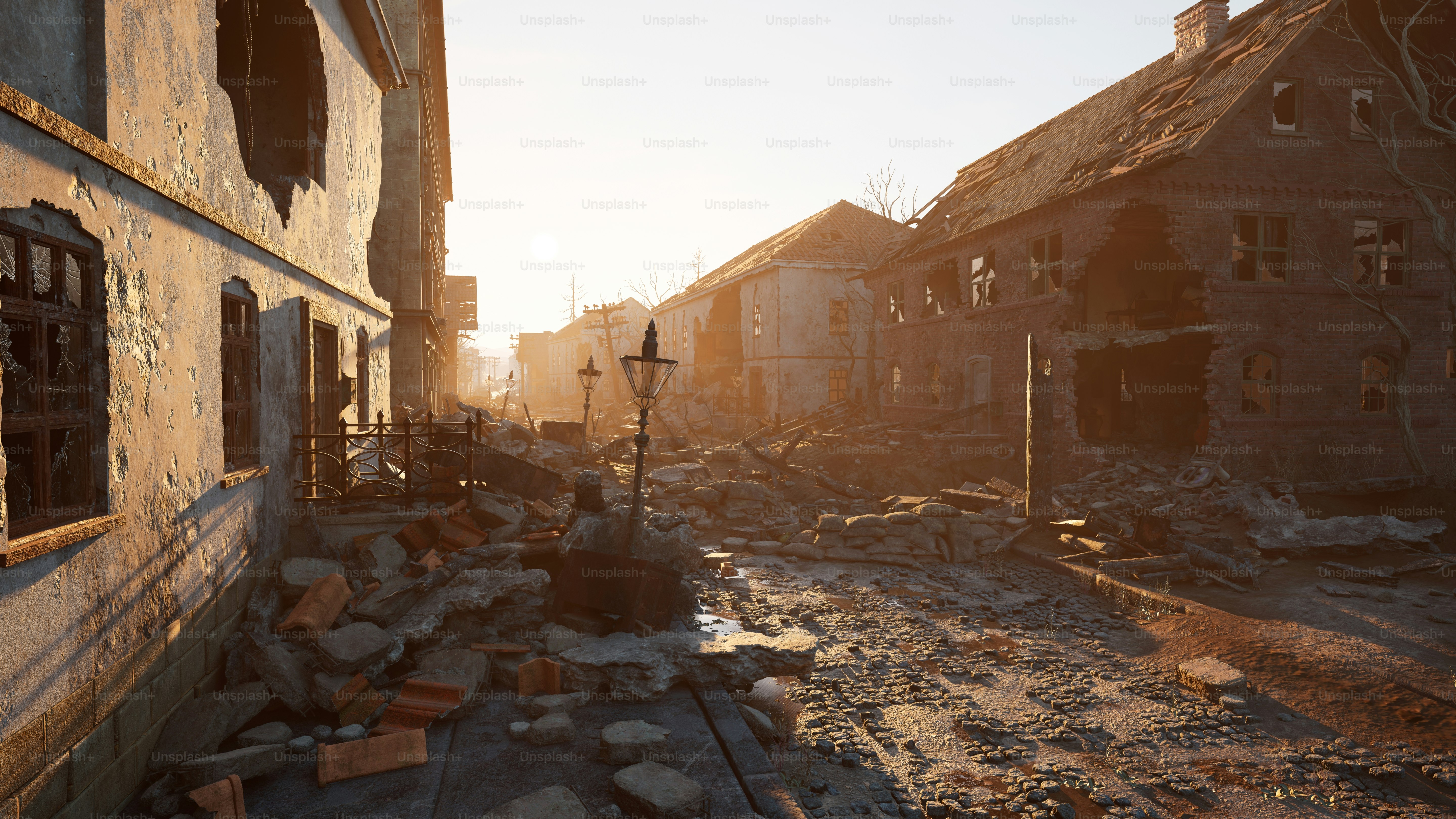 An old run down city street with rubble on the ground photo – War Image ...
