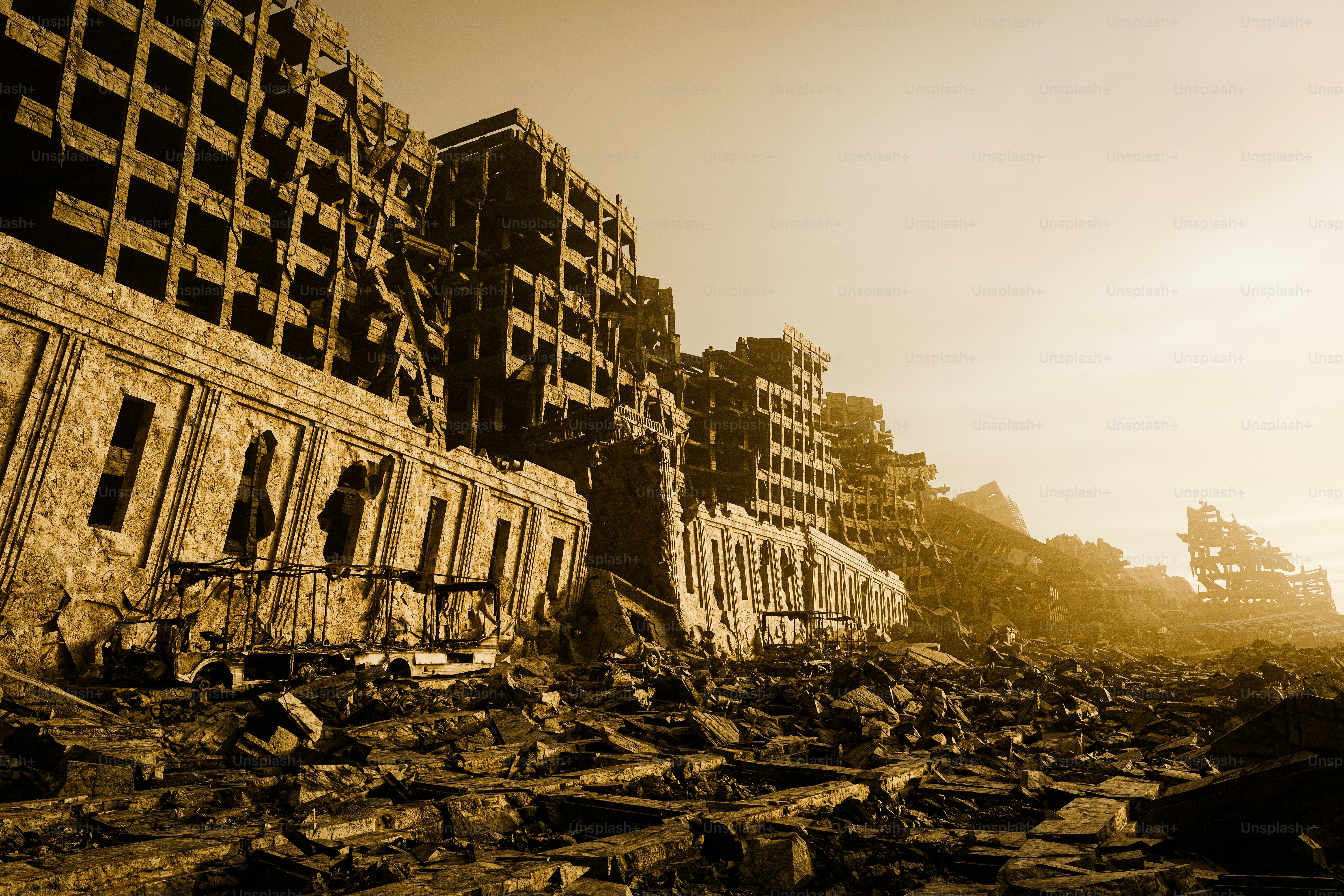 A lone tree stands in the midst of a destroyed city photo – Human Image ...