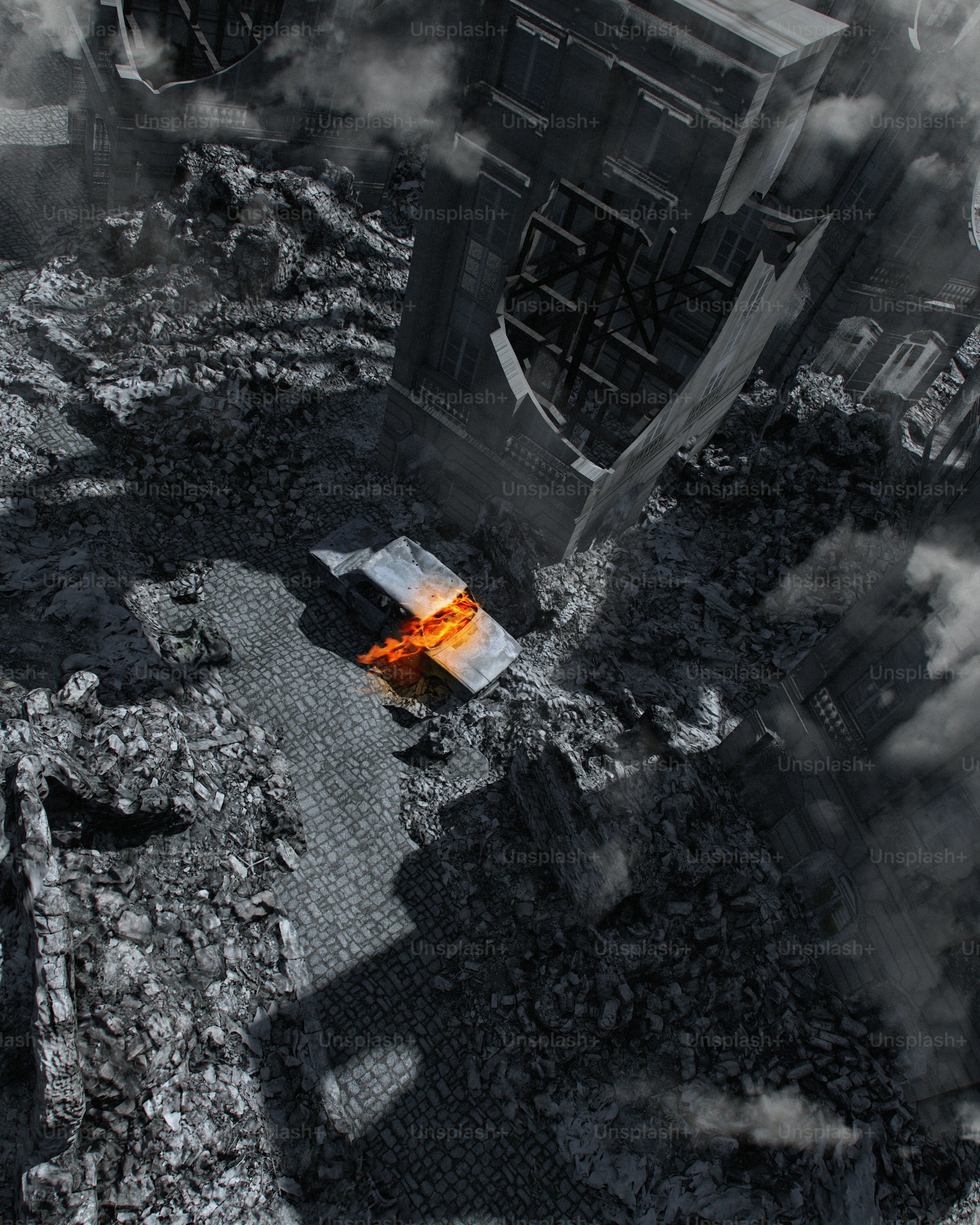 An aerial view of a fire burning in a building photo – Post apocalyptic ...