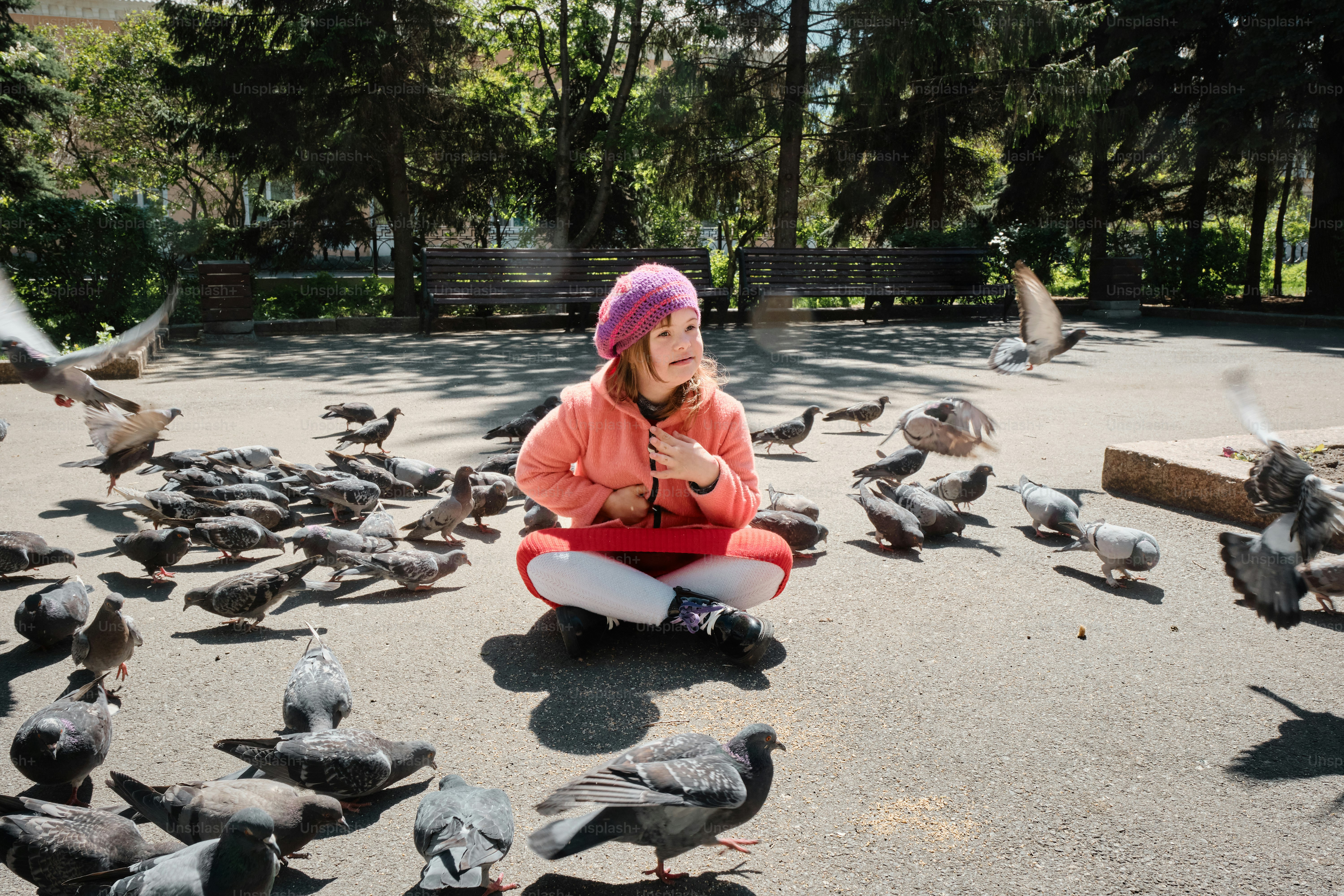 Una niña sentada en el suelo rodeada de palomas foto – Imagen de Salud ...
